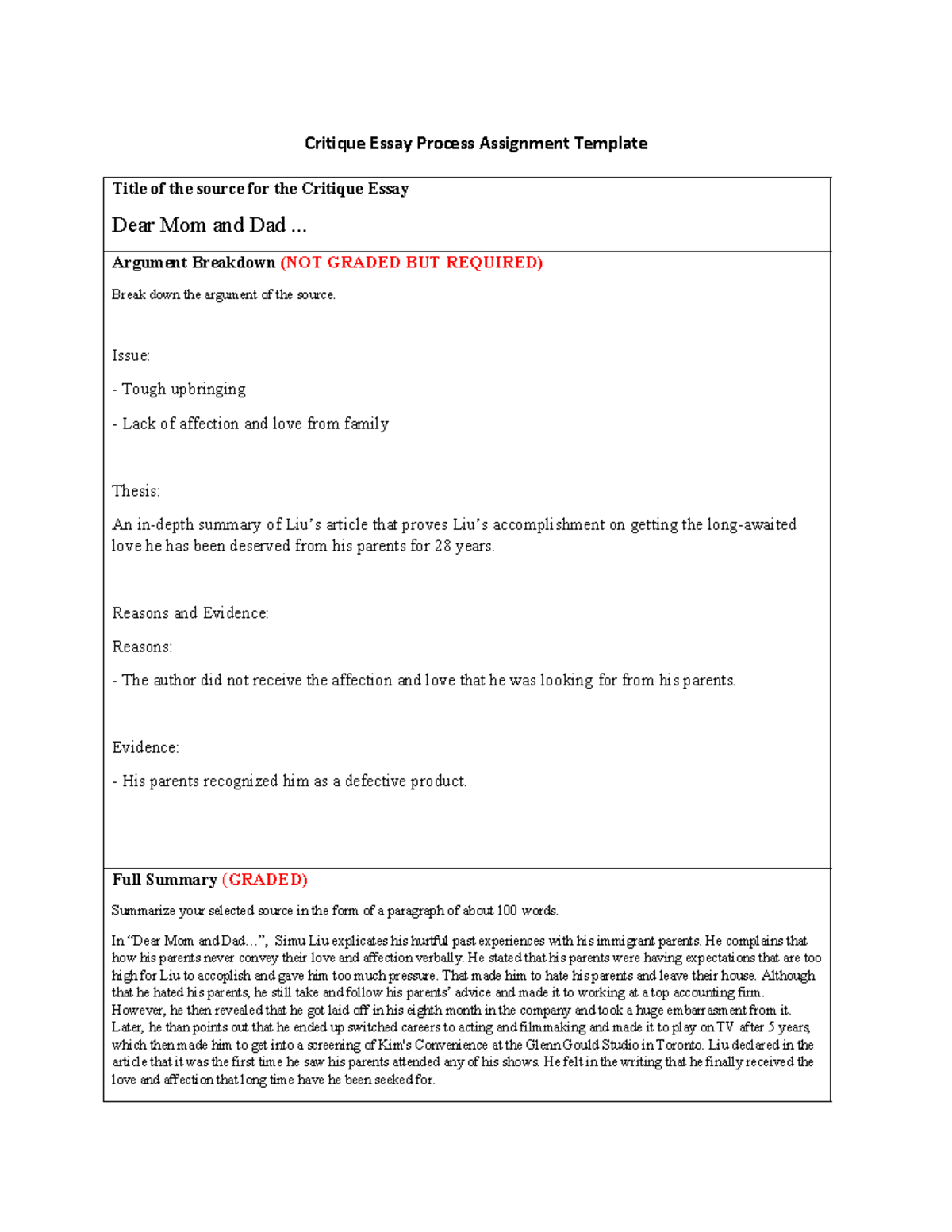 Critique Essay Process Assignment - .. Argument Breakdown (NOT GRADED ...