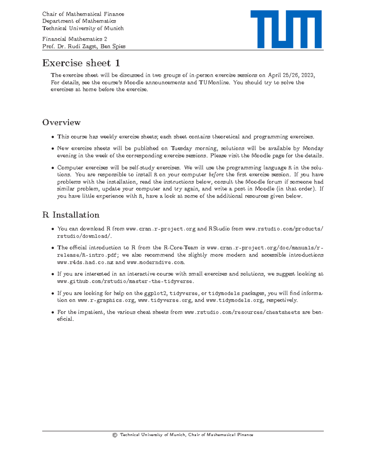 Exercise sheet 1 - Financial Mathematics 2 - TUM - Studocu