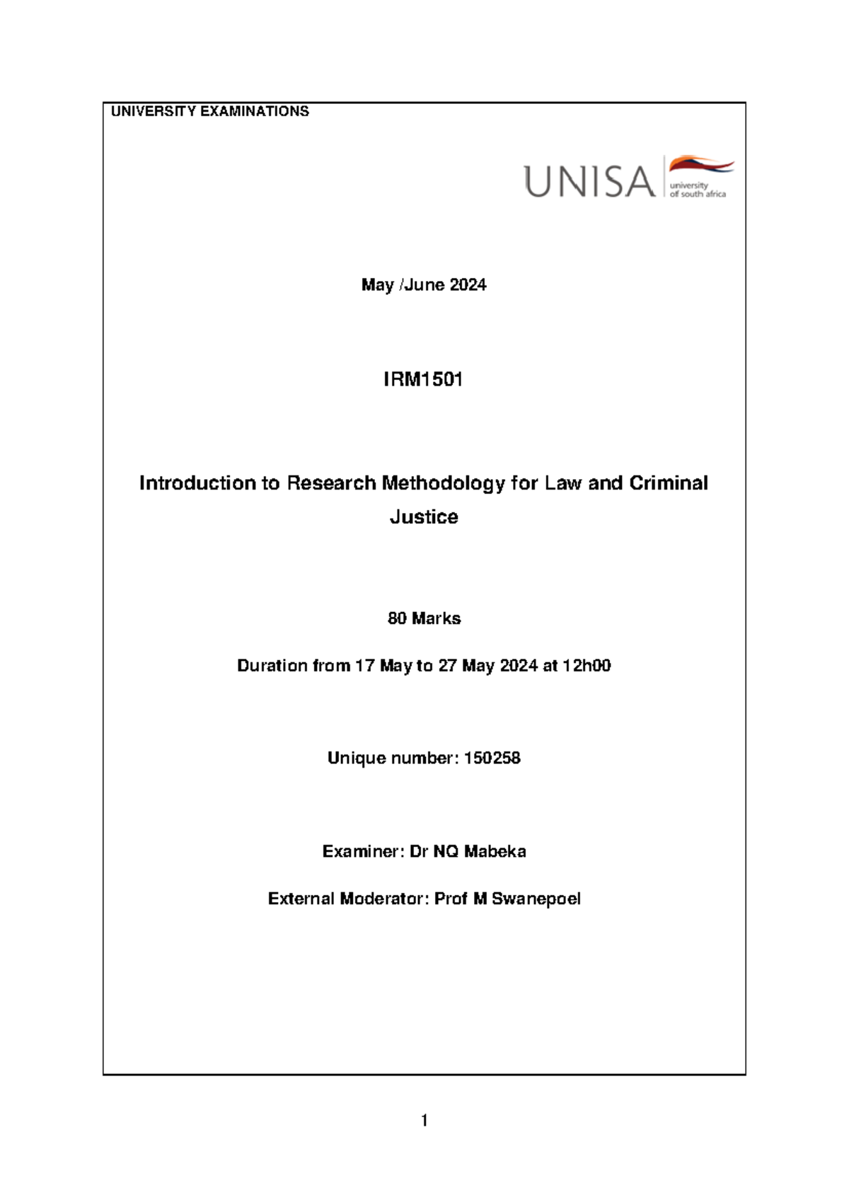 IRM 27 05 2024 - UNIVERSITY EXAMINATIONS May /June 2024 IRM ...
