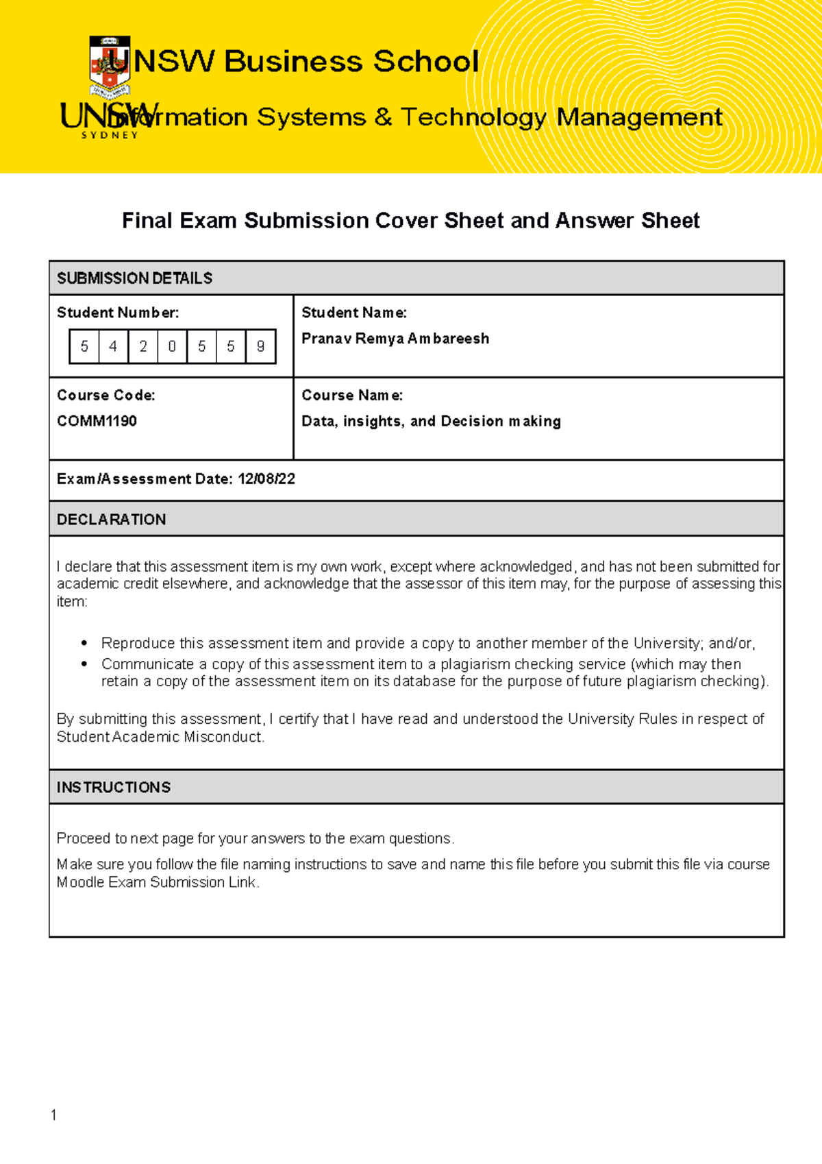 Assessment 1 COMM1190 - Final Exam Submission Cover Sheet and Answer ...
