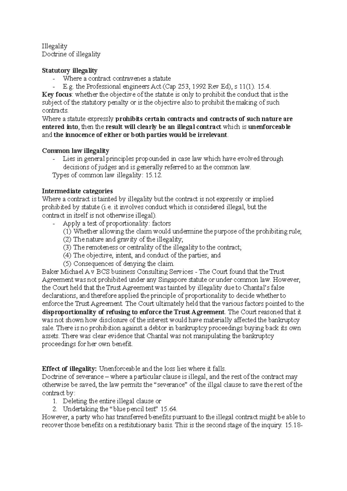 Chapter 15 - Illegality and Public policy - Illegality Doctrine of illegality Statutory ...
