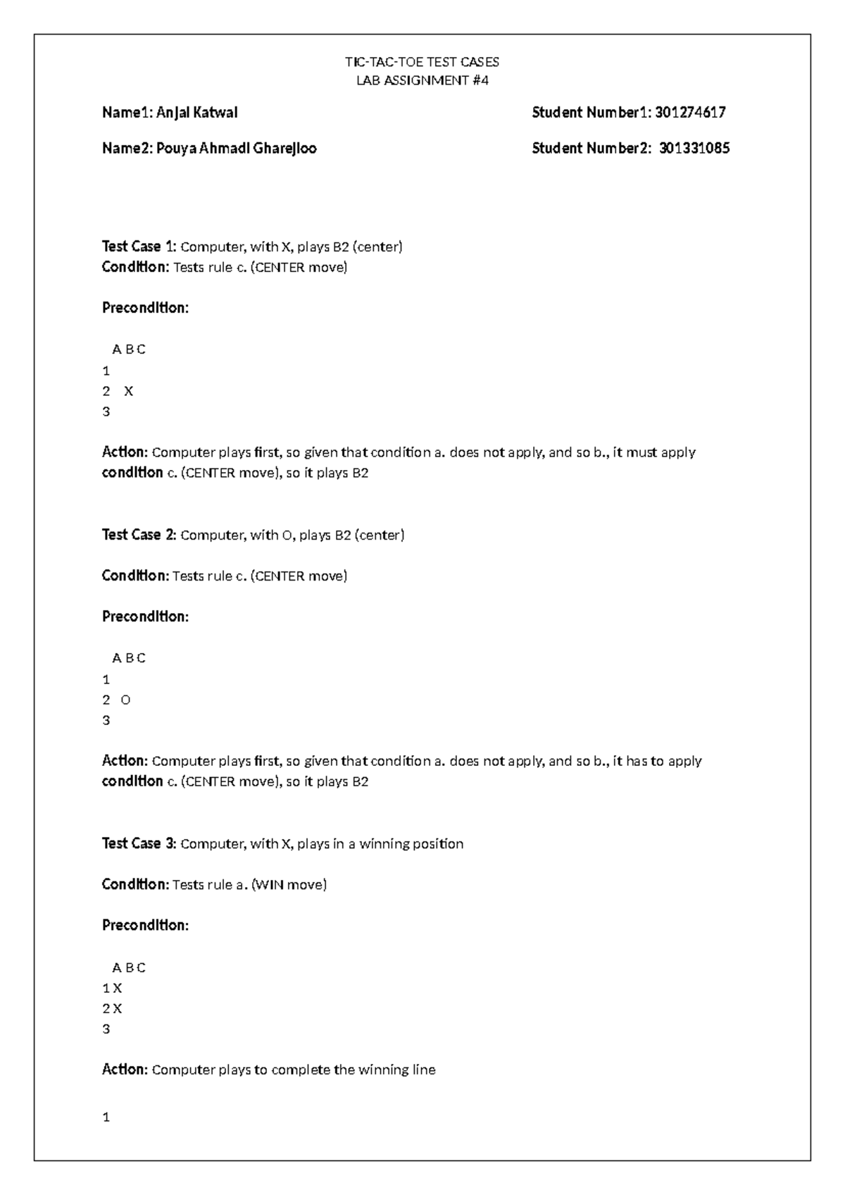 Tic-Tac-Toe Test Cases - TIC-TAC-TOE TEST CASES LAB ASSIGNMENT Name1 ...