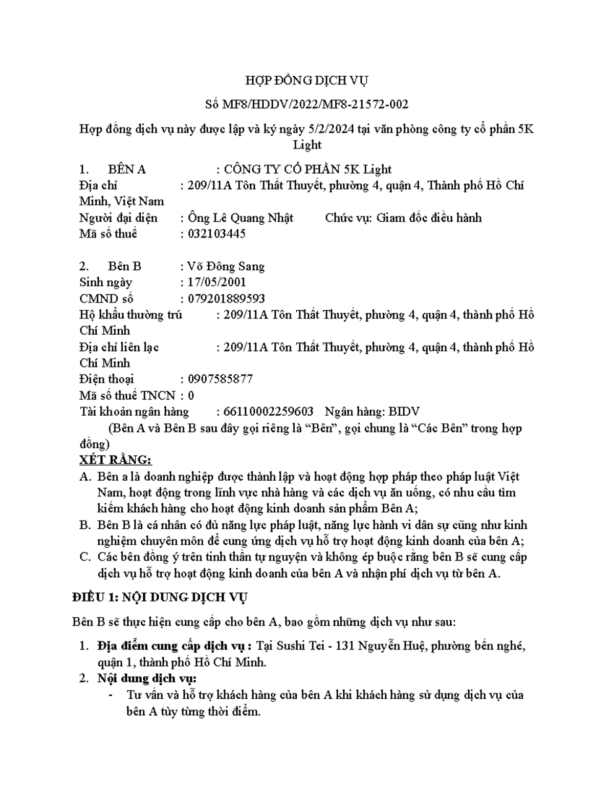 Hồ sơ dịch vụ mẫu - HỢP ĐỒNG DỊCH VỤ Số MF8/HDDV/2022/MF8-21572- Hợp ...