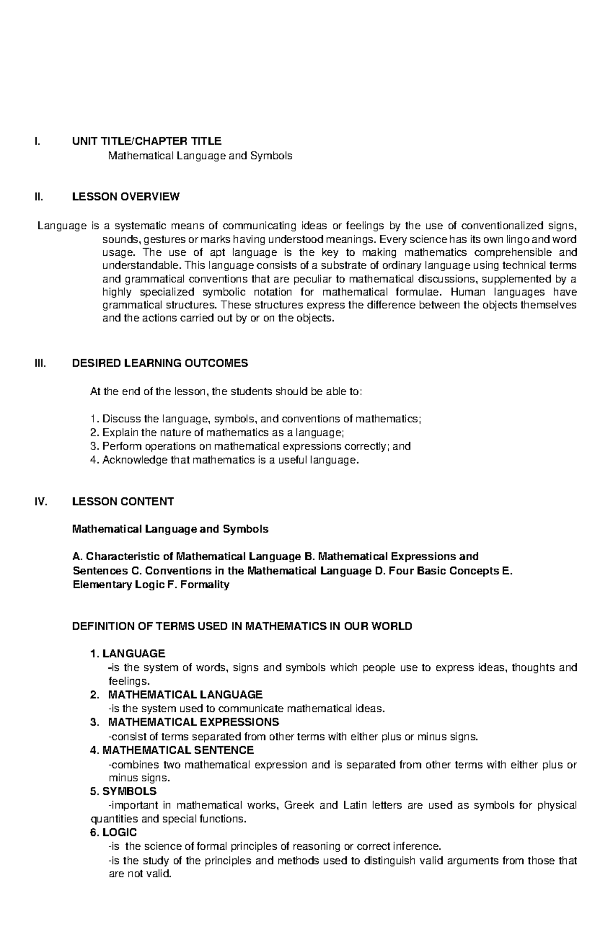 Mathematics IN Modern WORD - Lesson 2 - I. UNIT TITLE/CHAPTER TITLE Mathematical Language and ...
