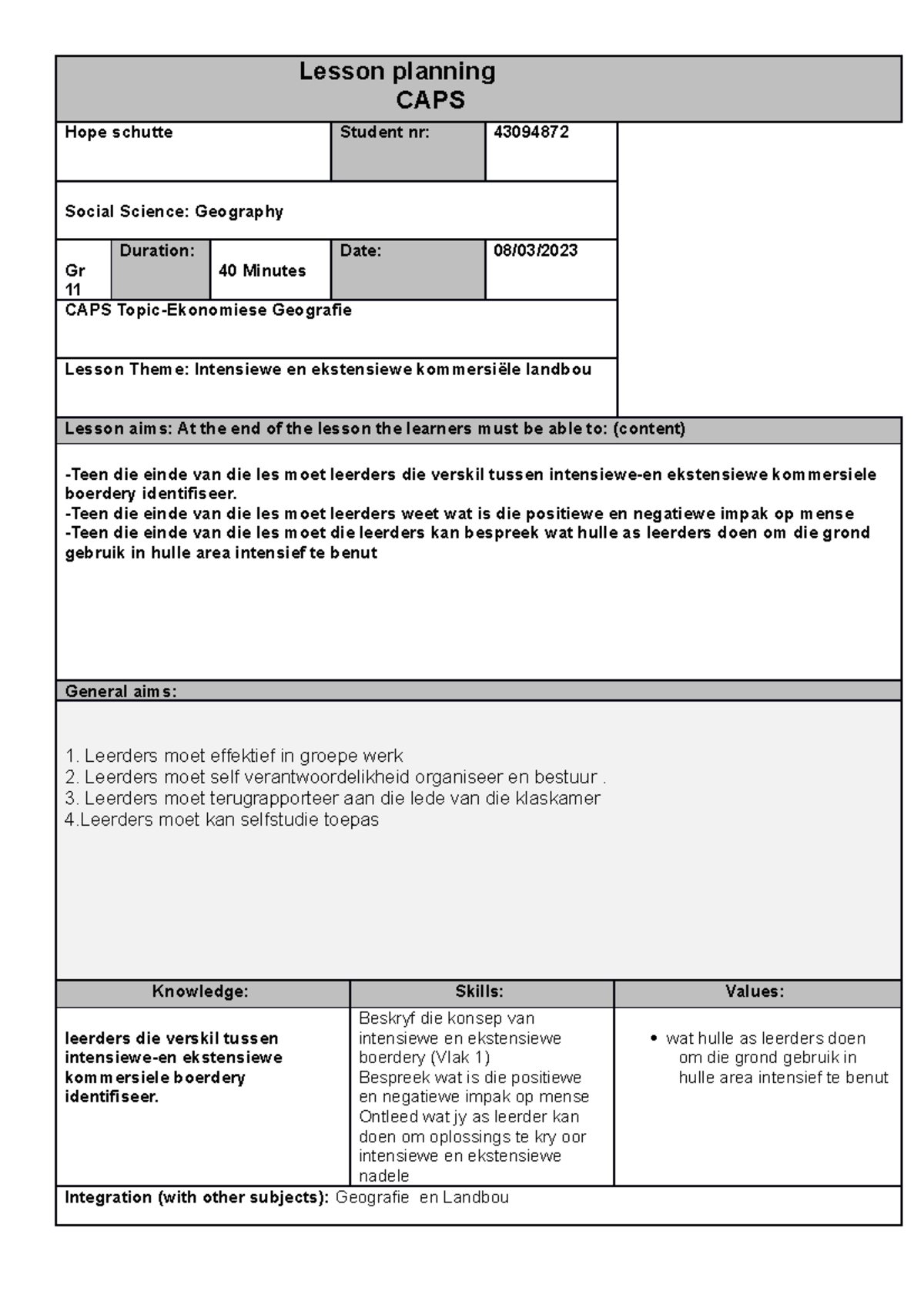 Lesplan - life - Lesson planning CAPS Hope schutte Student nr: 43094872 ...