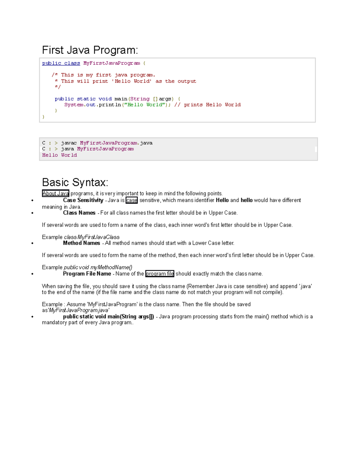 First Java Program Notes First Java Program Public Class Myfirstjavaprogram This Is My