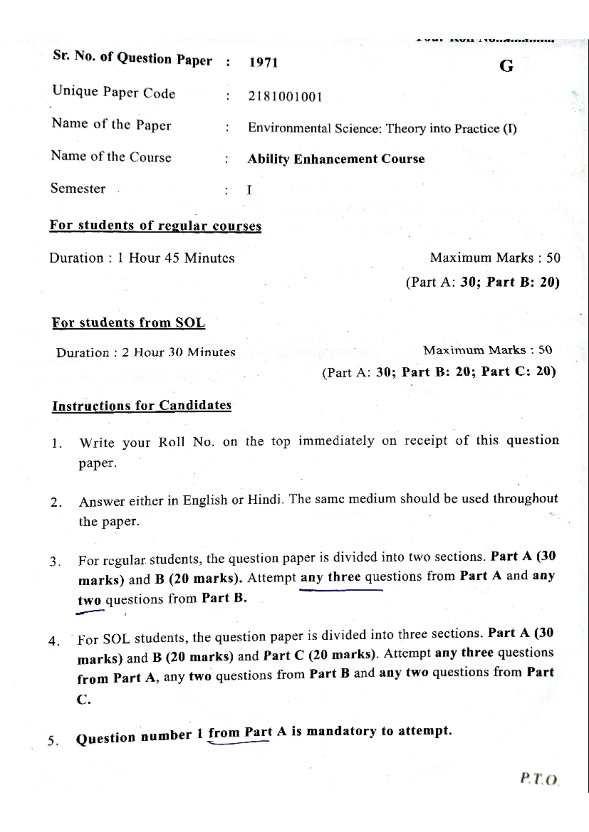 EVS Sem 1 - Evs notes - Sr. No. of Question Paper : 1971 G Unique Paper ...