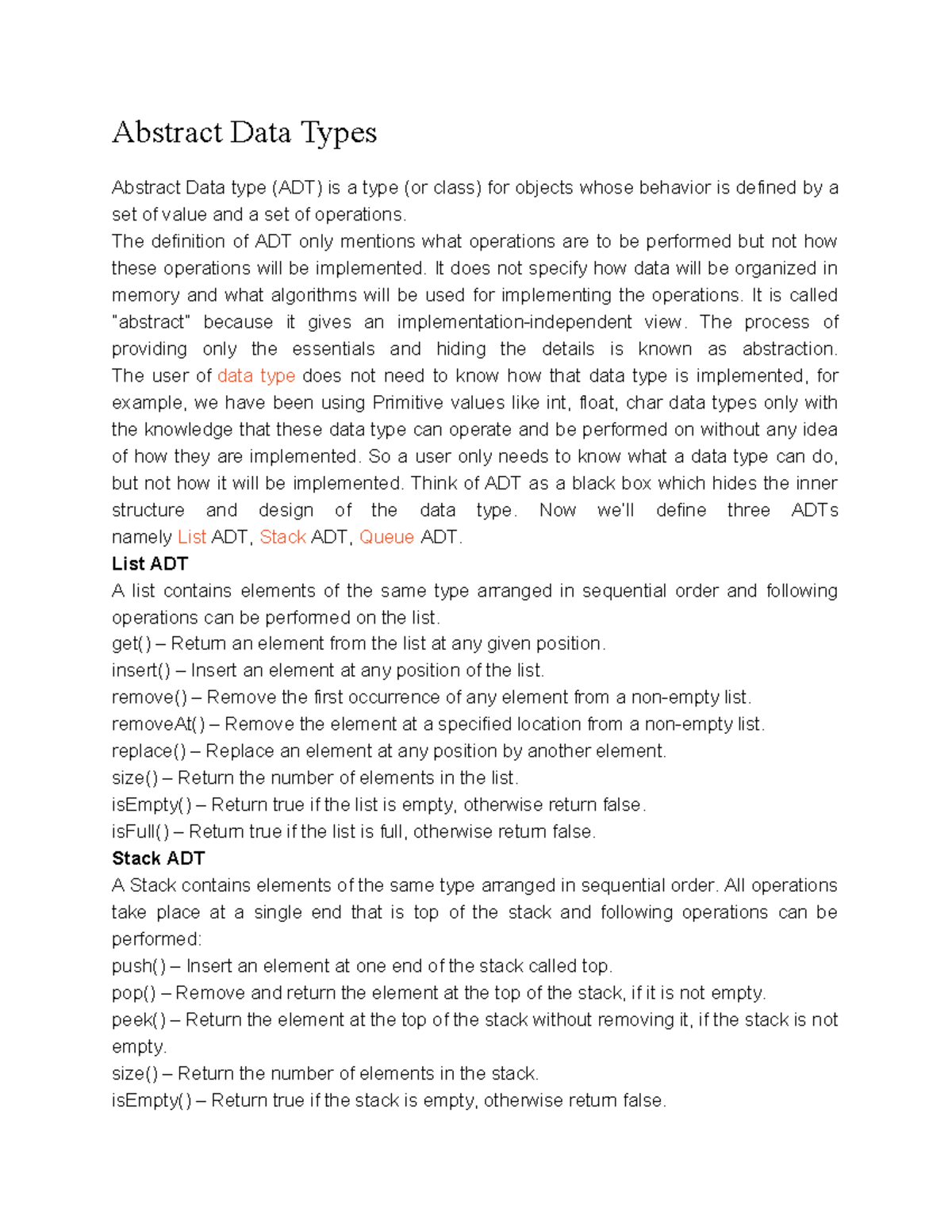 Abstract Data Types - DCFSDFSDGDFG - Abstract Data Types Abstract Data type (ADT) is a type (or ...