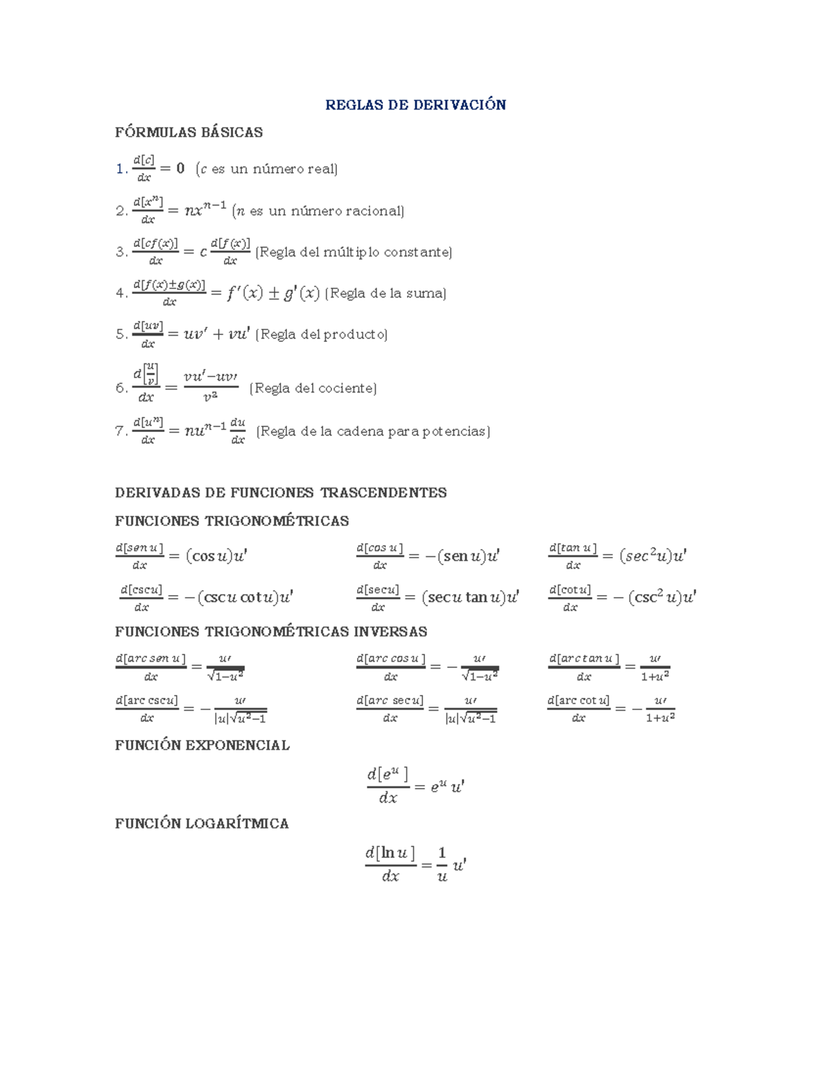 Reglas de derivación - REGLAS DE DERIVACIÓN FÓRMULAS BÁSICAS 1. 𝑑[𝑐] 𝑑𝑥 ...