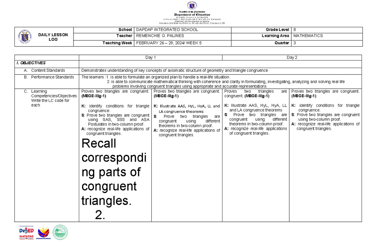 DLL Math8 Q3 W5 - DAILY LESSON LOG School DAPDAP INTEGRATED SCHOOL ...