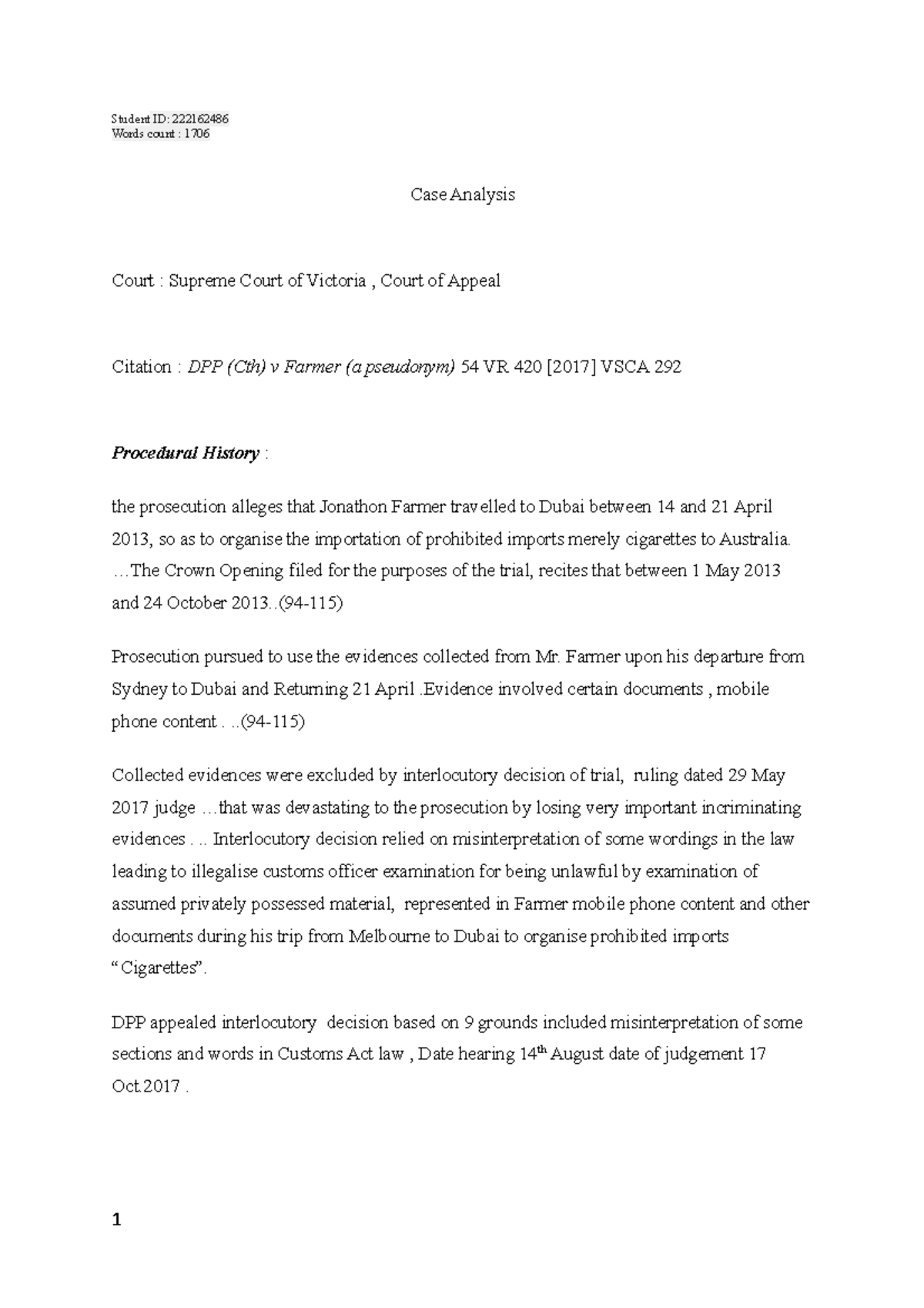 MLL110 Case Analysis - StudentWords count : 1706 ID: 222162486 Case ...