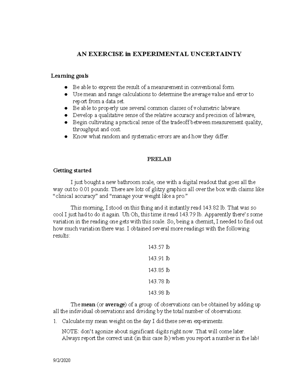 Handout Uncertainty F 20 - AN EXERCISE in EXPERIMENTAL UNCERTAINTY ...