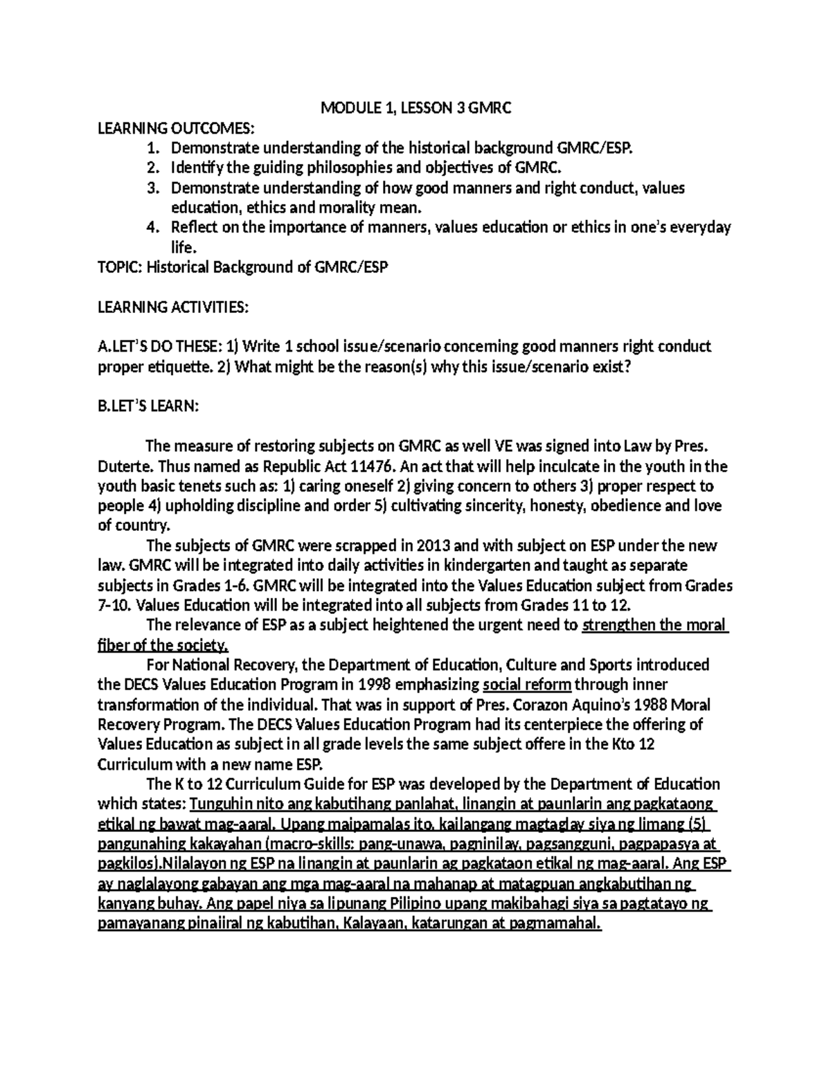 Module 1, lesson 3 GMRC - values - MODULE 1, LESSON 3 GMRC LEARNING ...