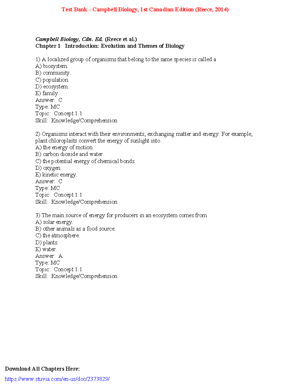 Test Bank - Campbell Biology, 1st Canadian Edition (Reece, 2014 ...