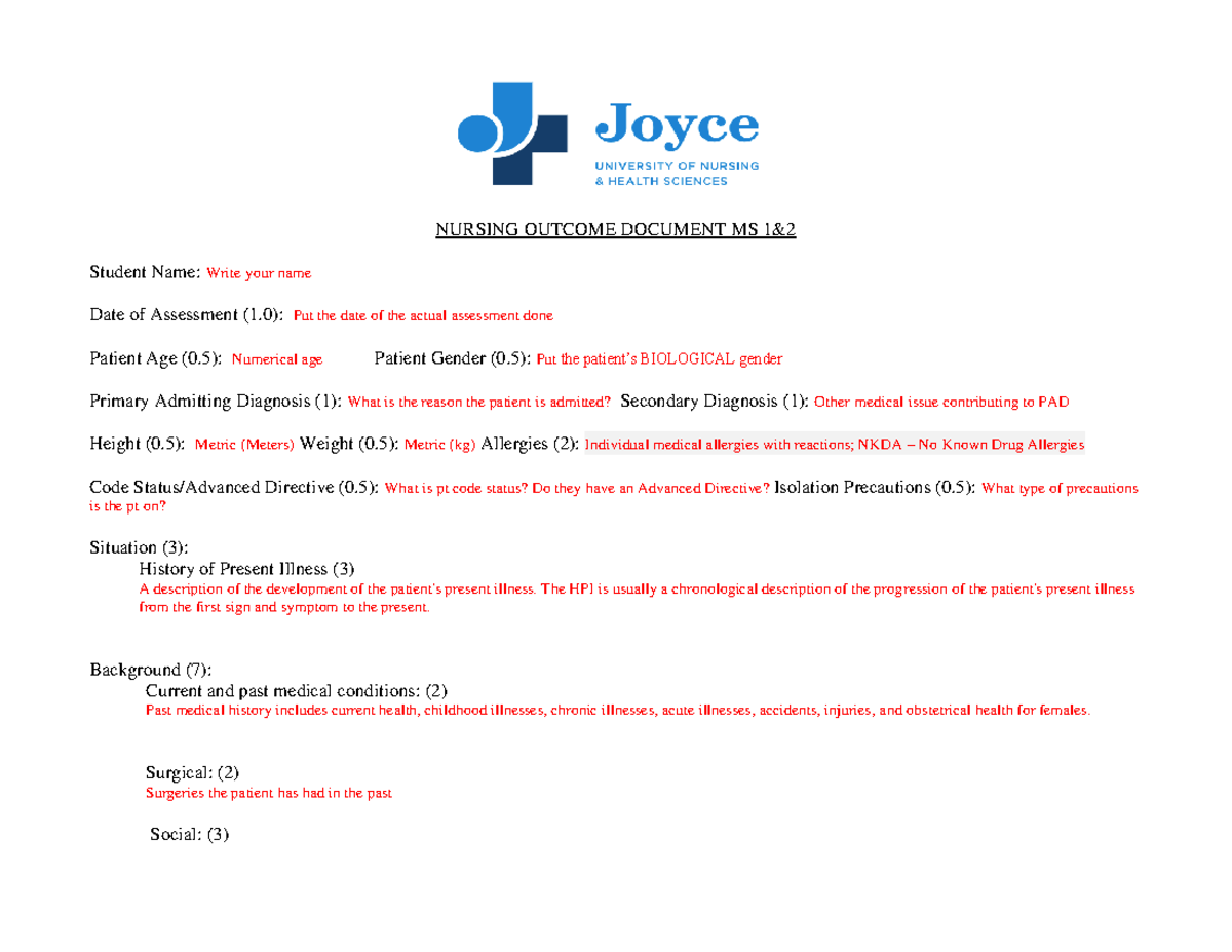 Nursing Outcome report MS1-2 Detailed - NURSING OUTCOME DOCUMENT MS 1 ...