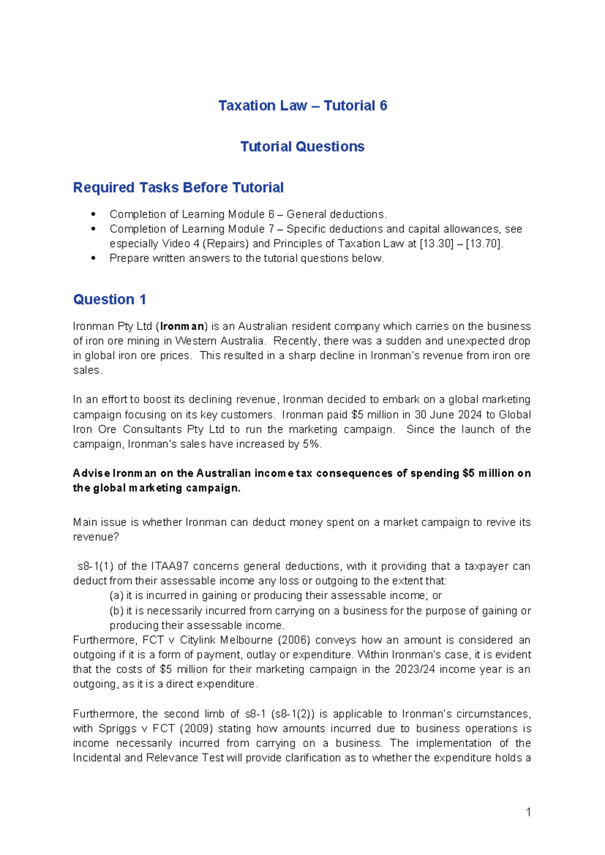 Tutorial 6 Questions & Answers - Taxation Law – Tutorial 6 Tutorial ...