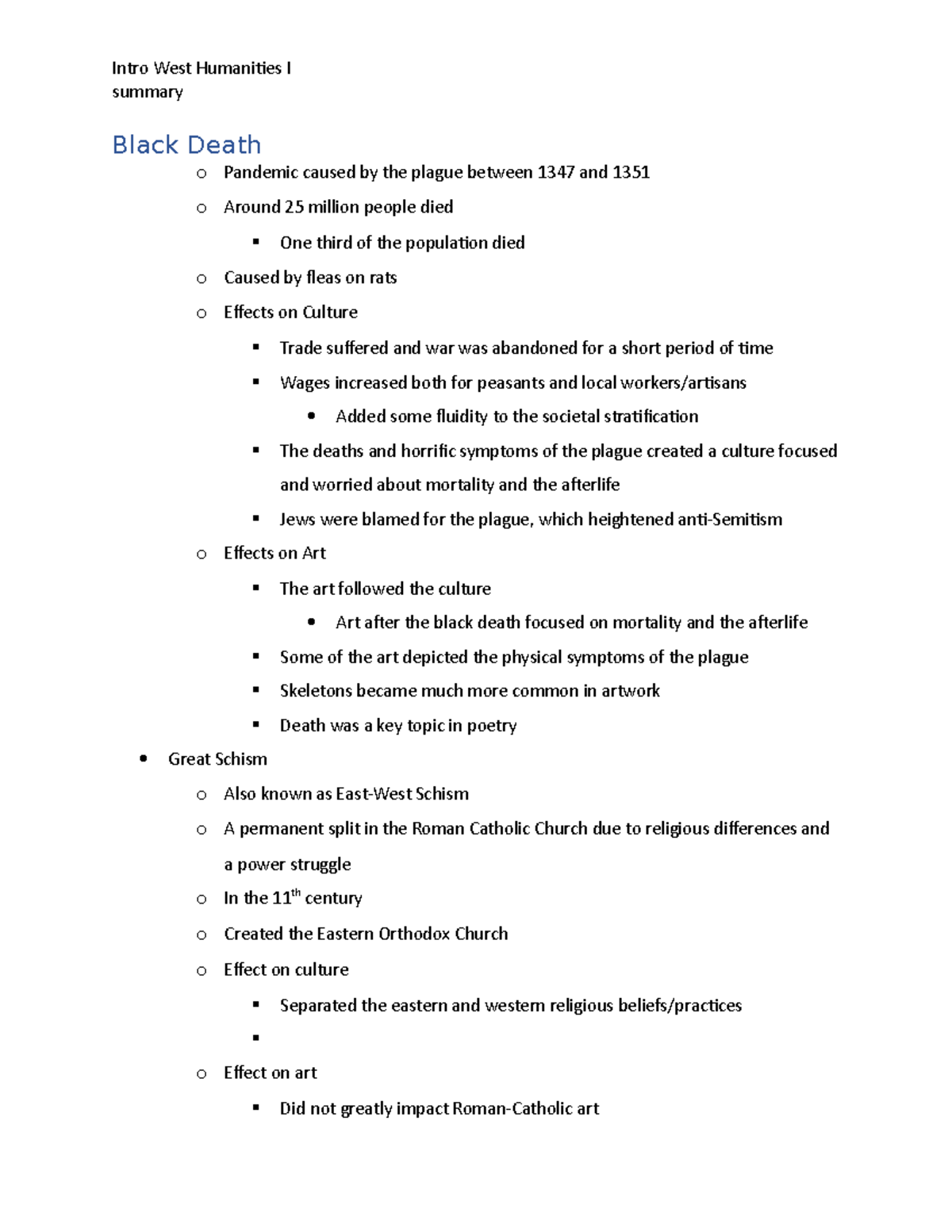 Intro West Humanities I - Intro West Humanities I summary Black Death o ...