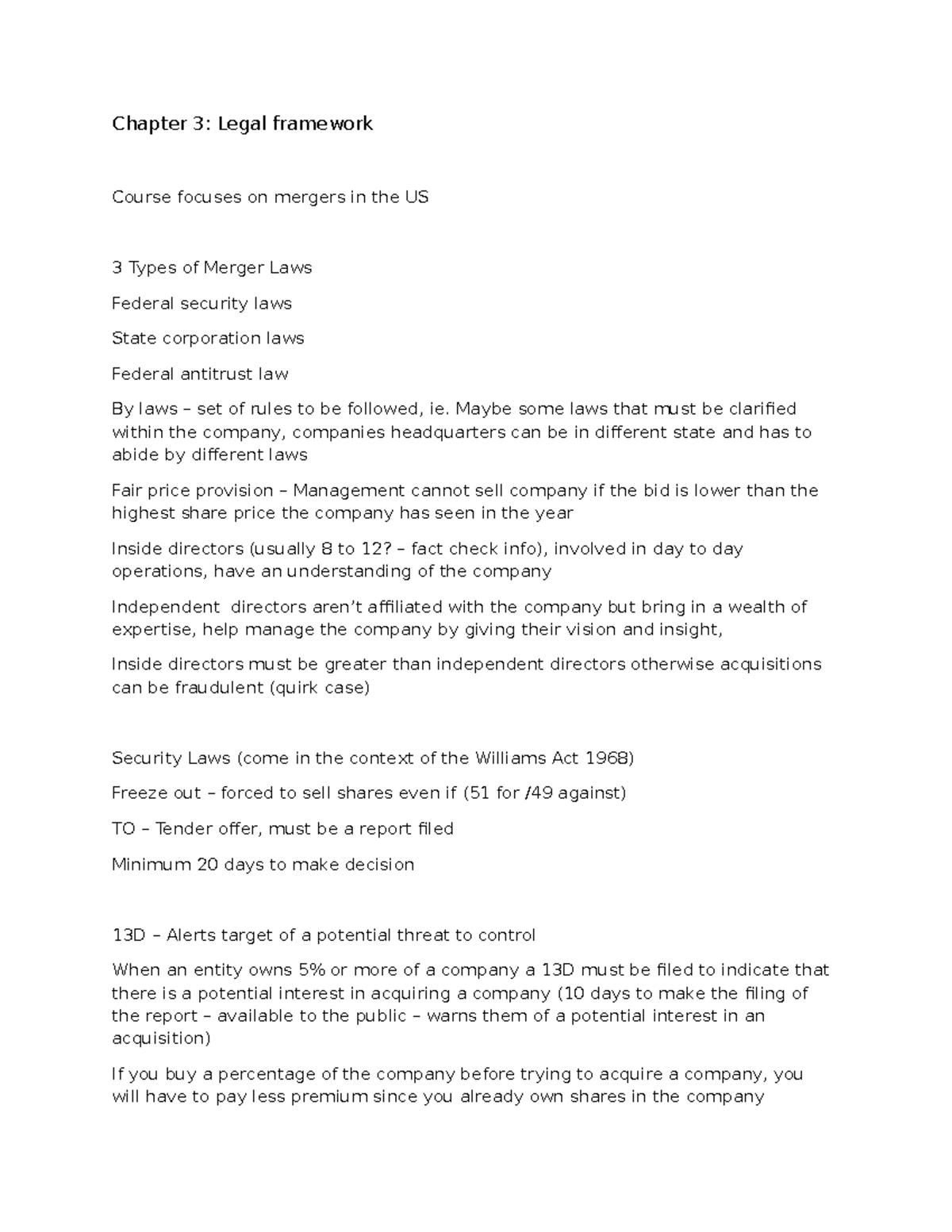 Lecture Notes - Chapter 3: Legal framework Course focuses on mergers in ...