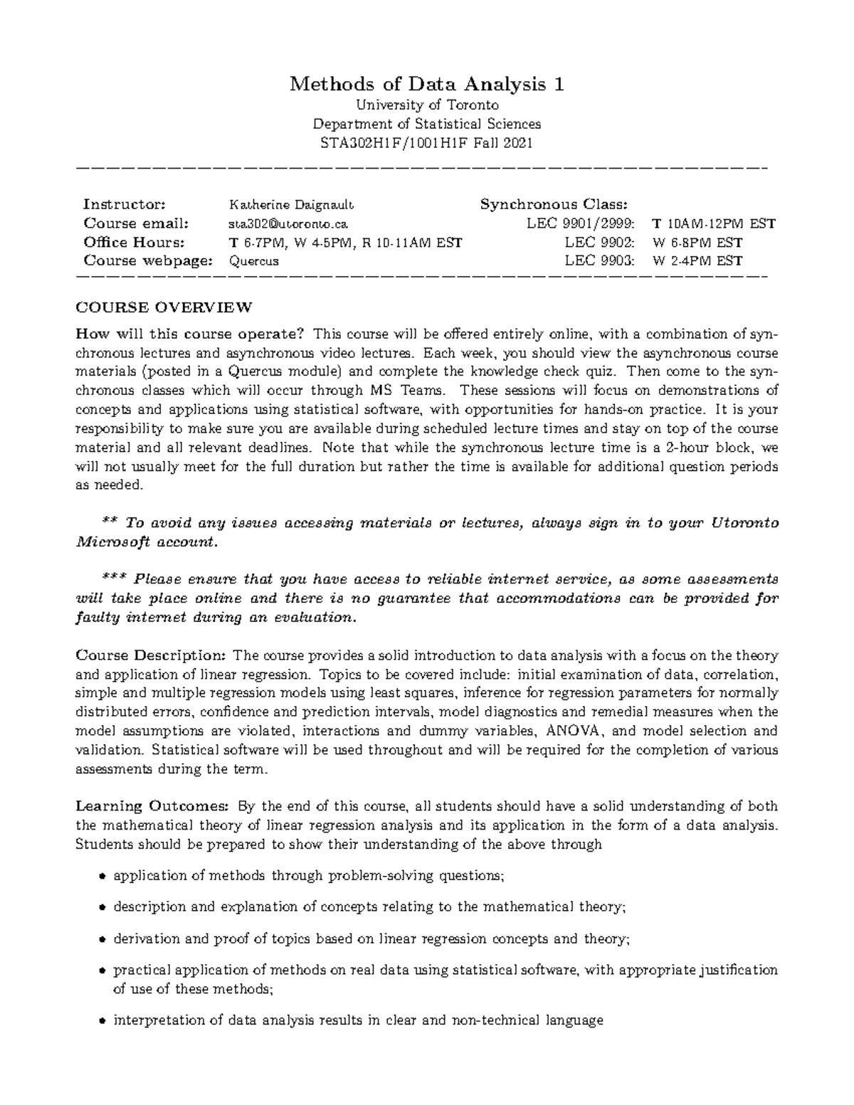 STA302F2021 syllabus - Methods of Data Analysis 1 University of Toronto ...