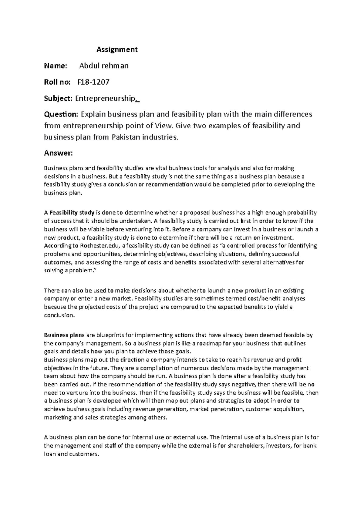 Assignment no 2 entrepreneur - Assignment Name: Abdul rehman Roll no ...