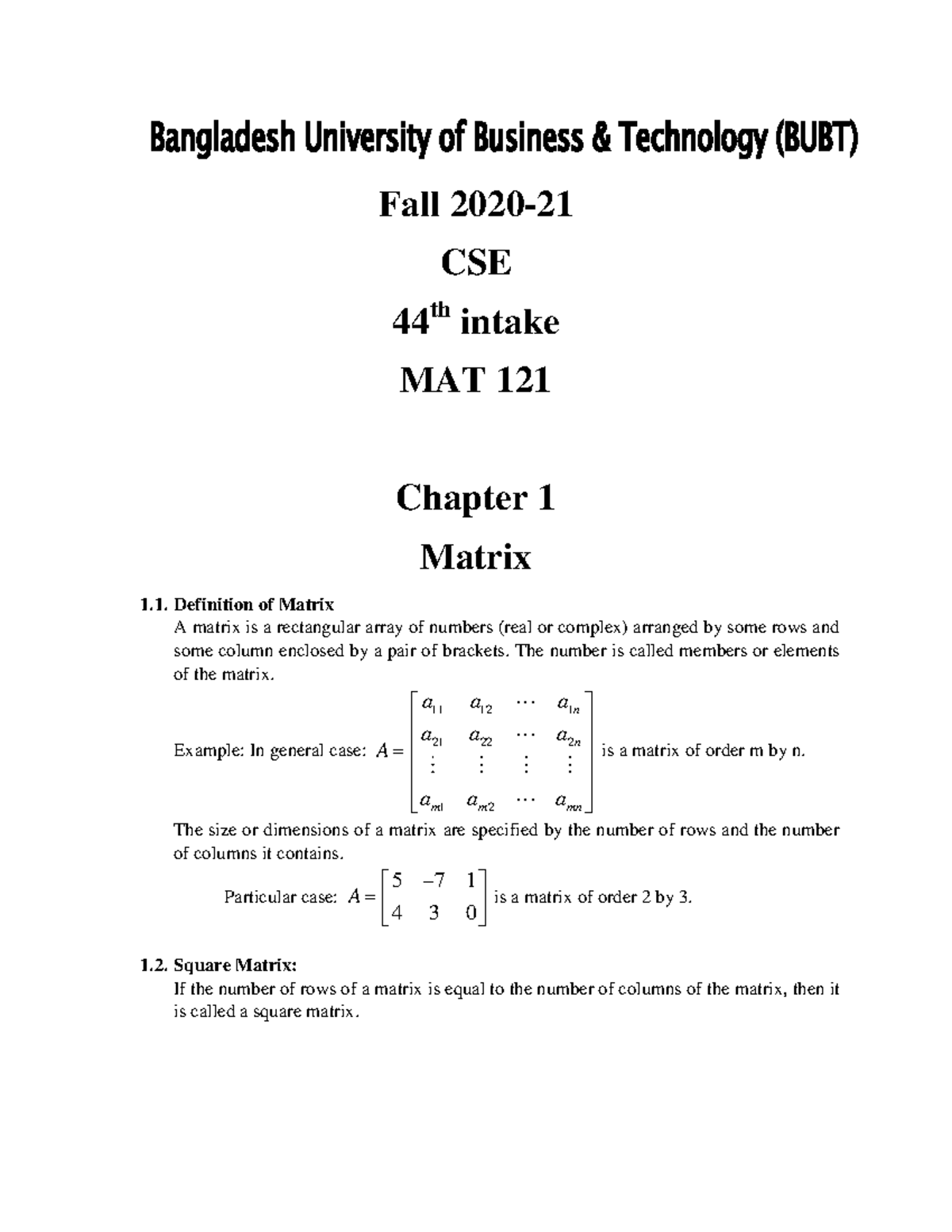 Matrix - Fall 2020- CSE 44 th intake MAT 121 Chapter 1 Matrix 1 ...
