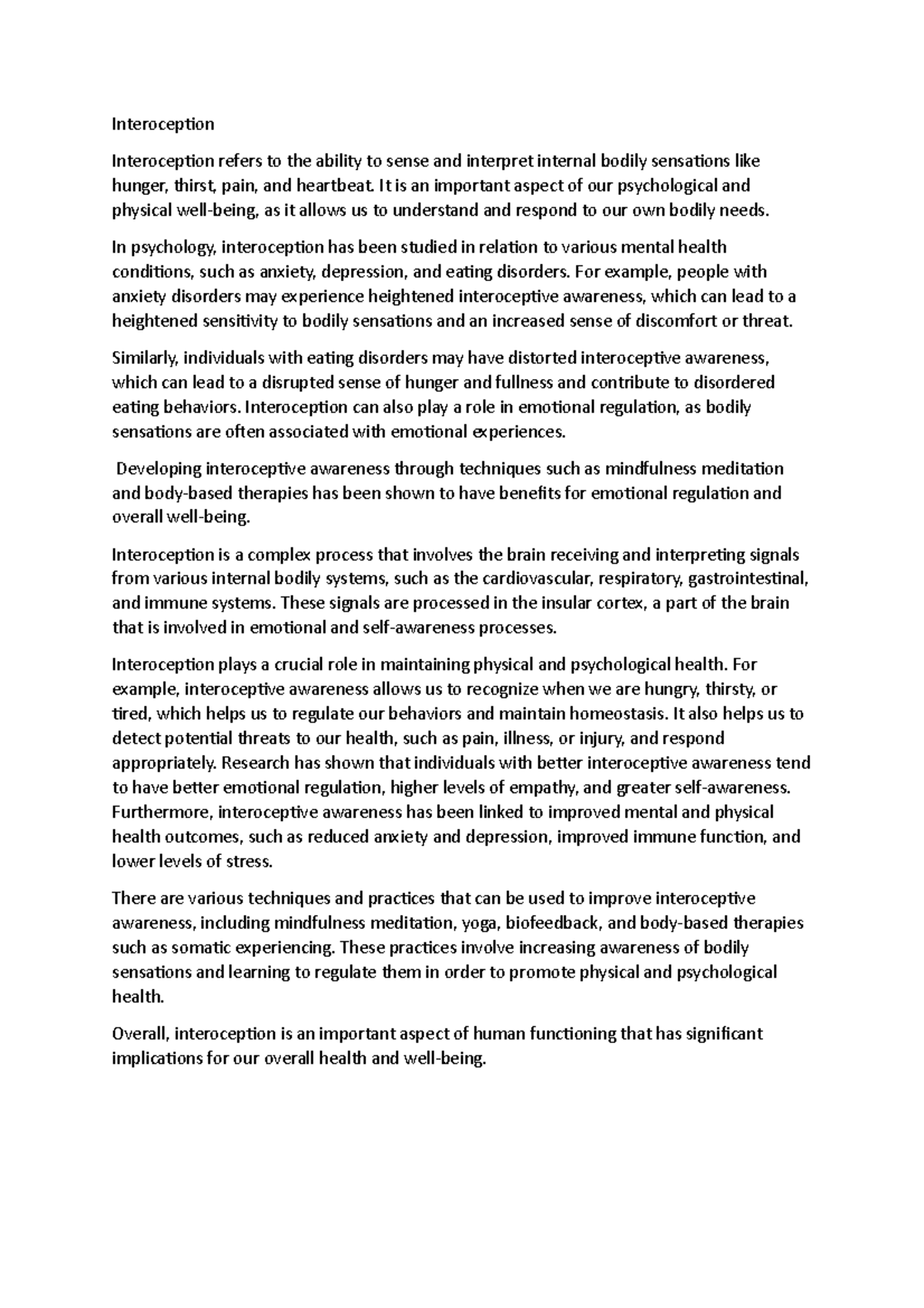 Interoception - Interoception Interoception refers to the ability to ...