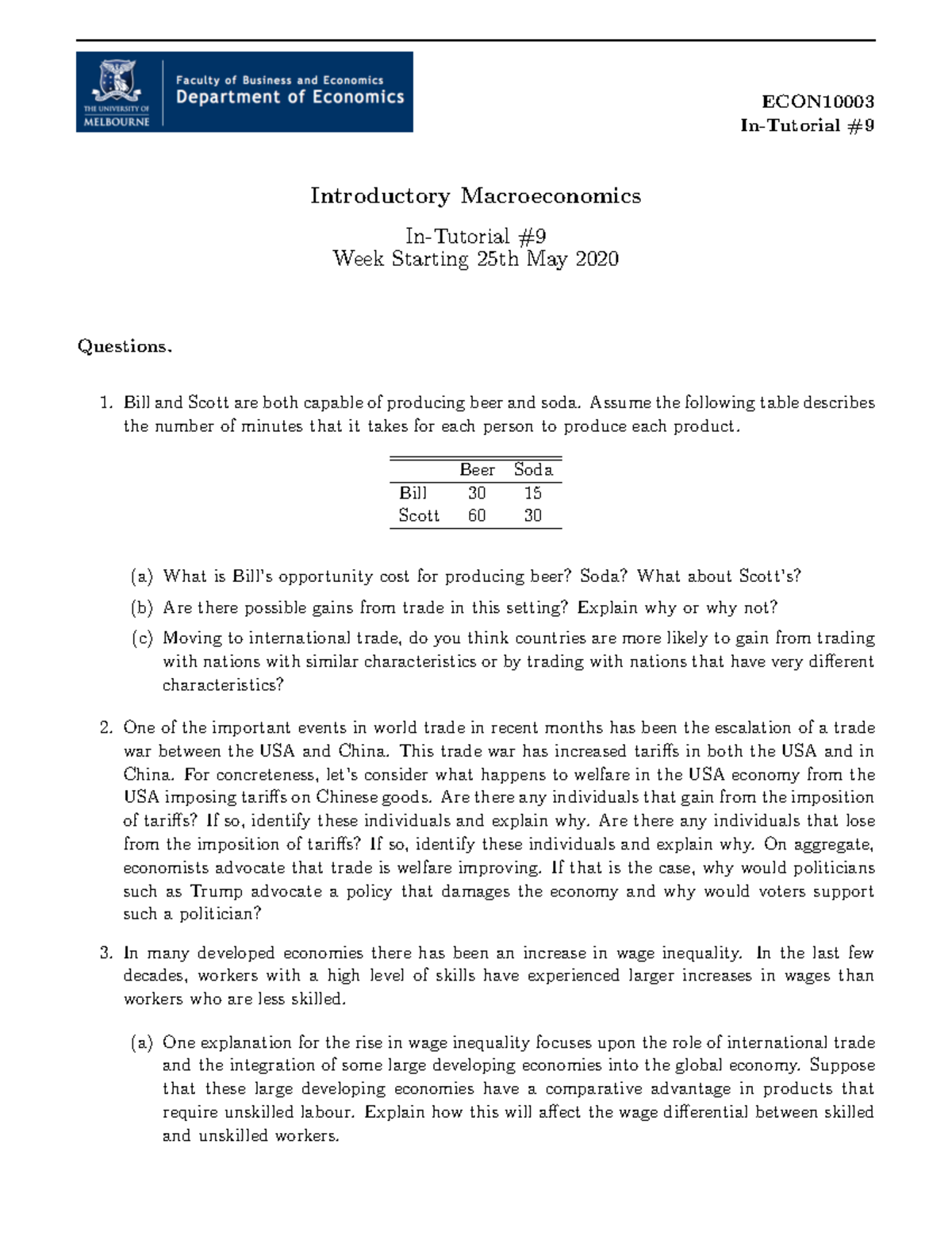 In tutorial 9 solutions - ECON In-Tutorial # Introductory Macroeconomics In-Tutorial Week ...