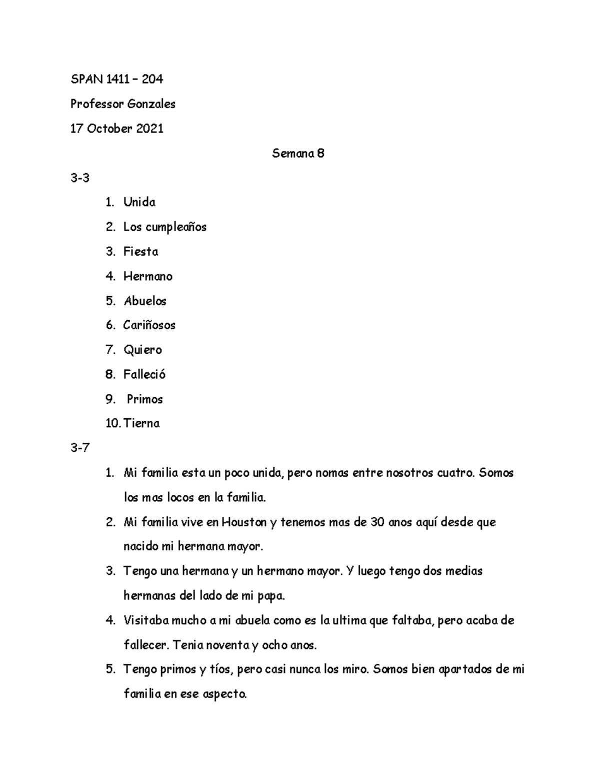 Semana 8 - homework answers for week 8 - SPAN 1411 – 204 Professor ...