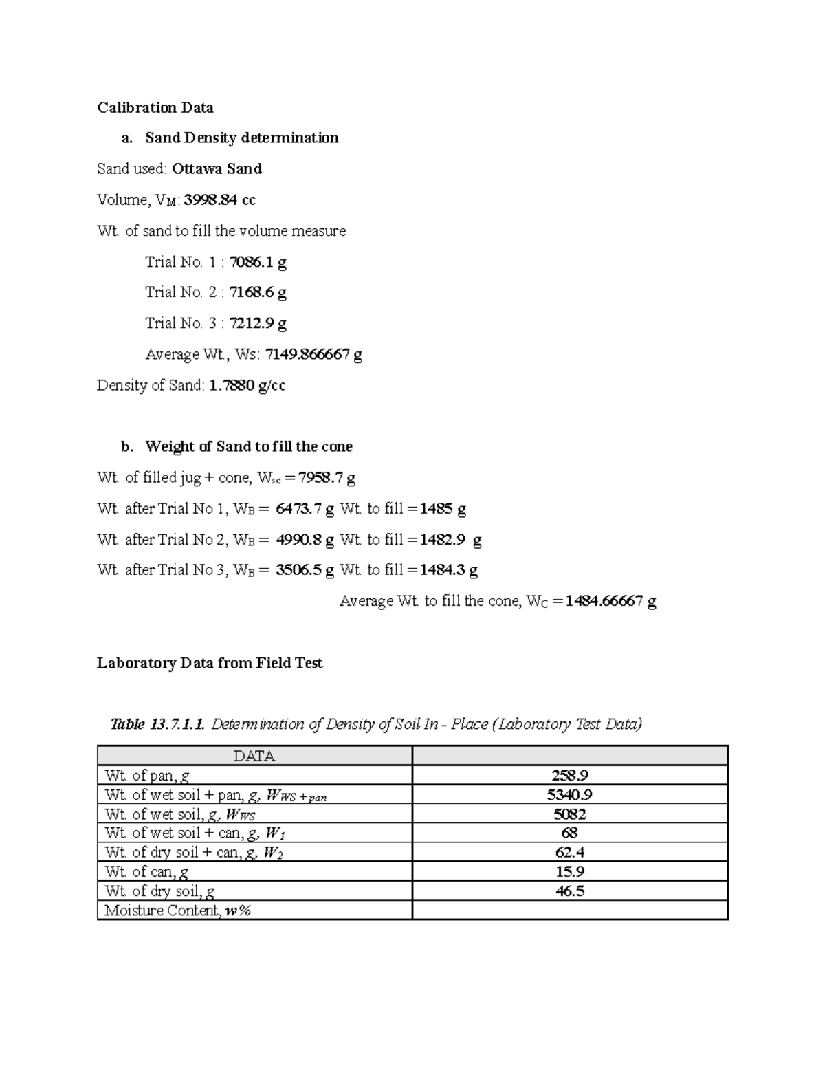 Calibration Data - ..... - Calibration Data a. Sand Density ...