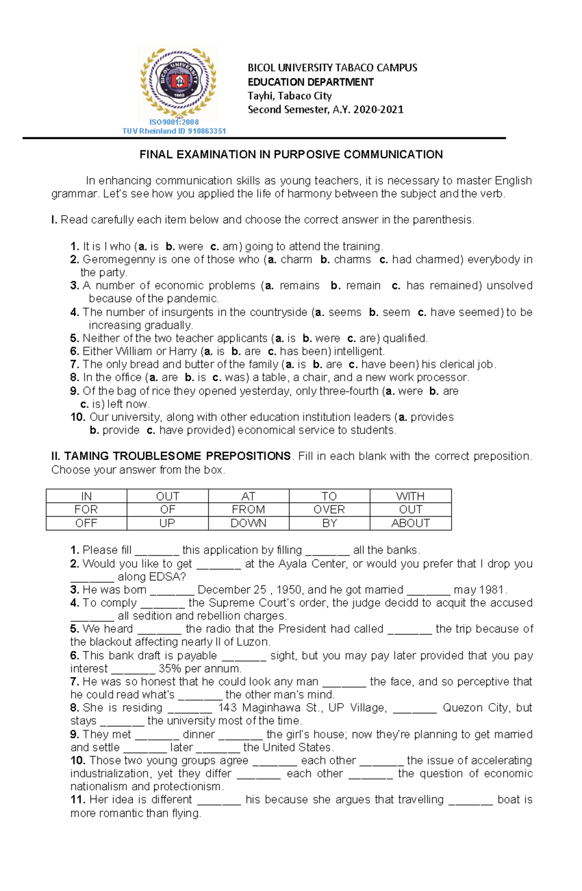 Final Examination IN Purposive Communication - FINAL EXAMINATION IN ...