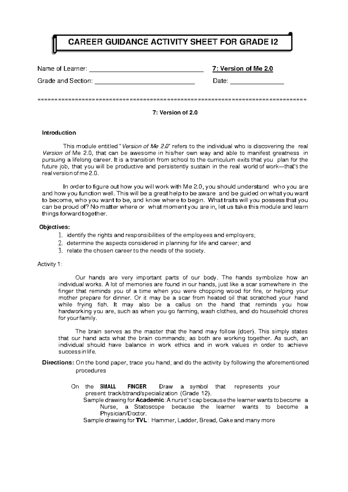 Grade 12 Career Guidance Module no. 7 - Name of Learner
