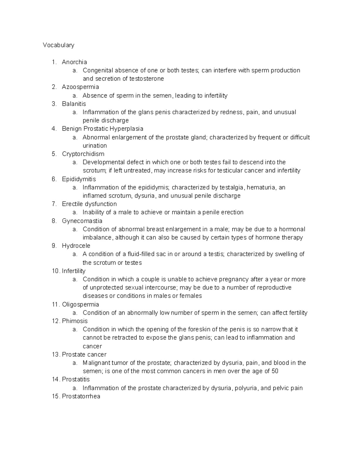 Male Reproductive System Vocabulary Notes - Vocabulary Anorchia a ...