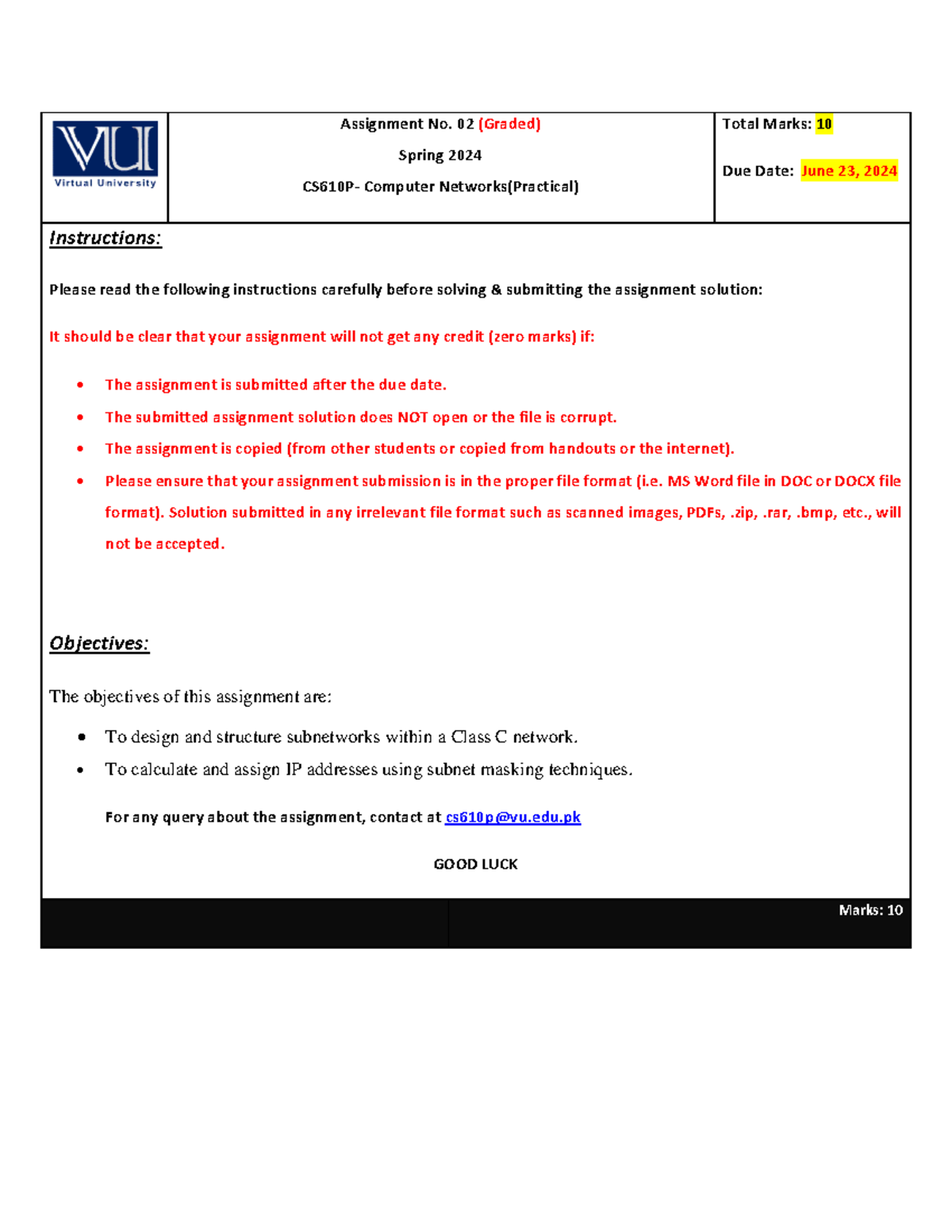 Spring 2024 CS610P 2 SOL - Assignment No. 0 2 (Graded) Spring 2024 CS 610 P- Computer - Studocu