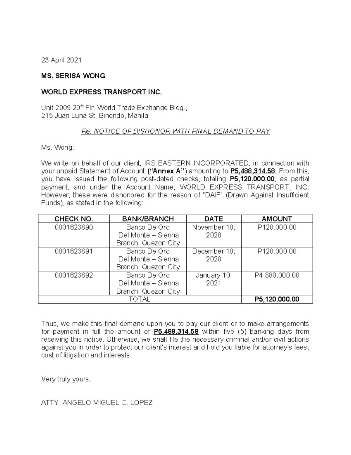 Demand Letter sample - 23 April 2021 MS. SERISA WONG WORLD EXPRESS ...