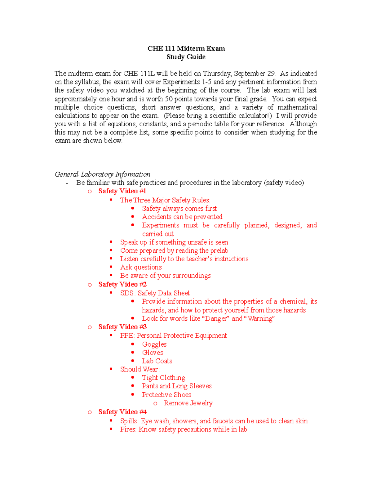 CHE 111 L - Midterm Exam Study Guide-3 - CHE 111 Midterm Exam Study Guide The midterm exam for ...