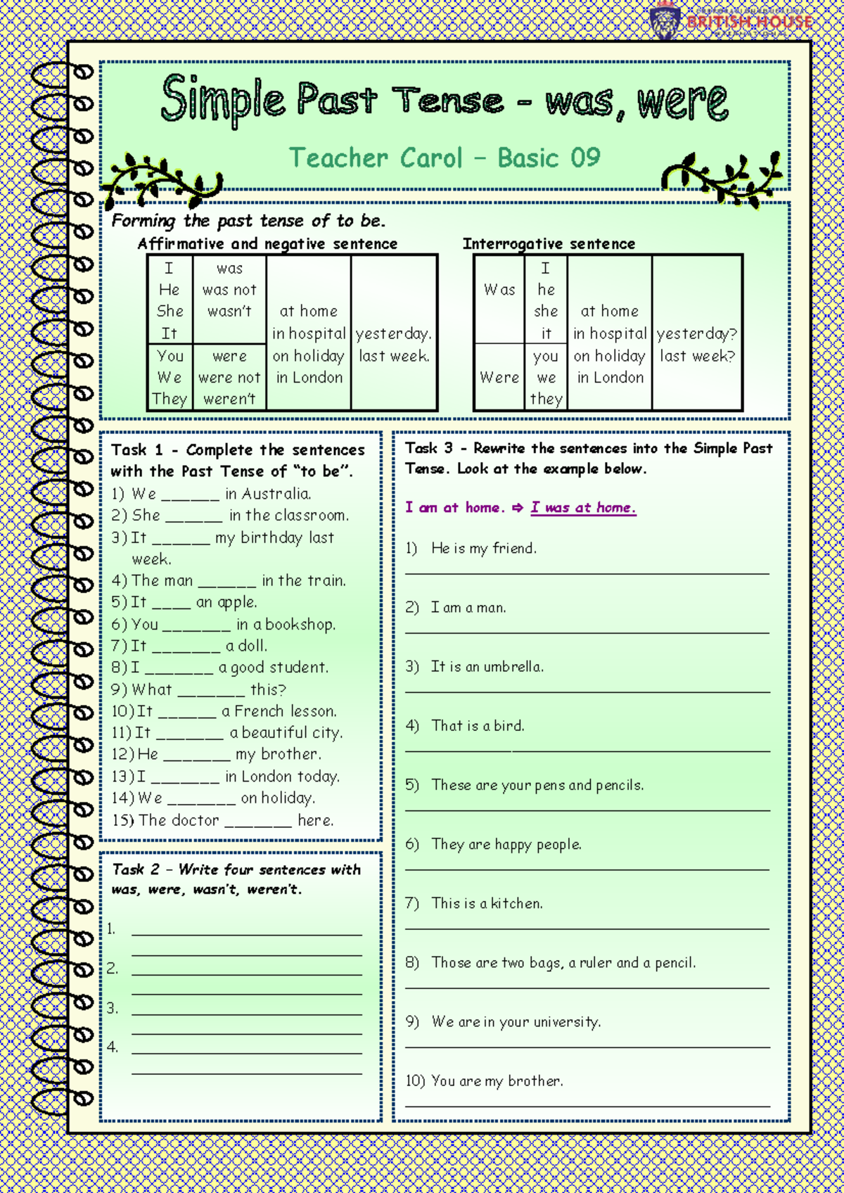 Worksheet PAST Simple - Teacher Carol – Basic 09 Forming the past tense ...