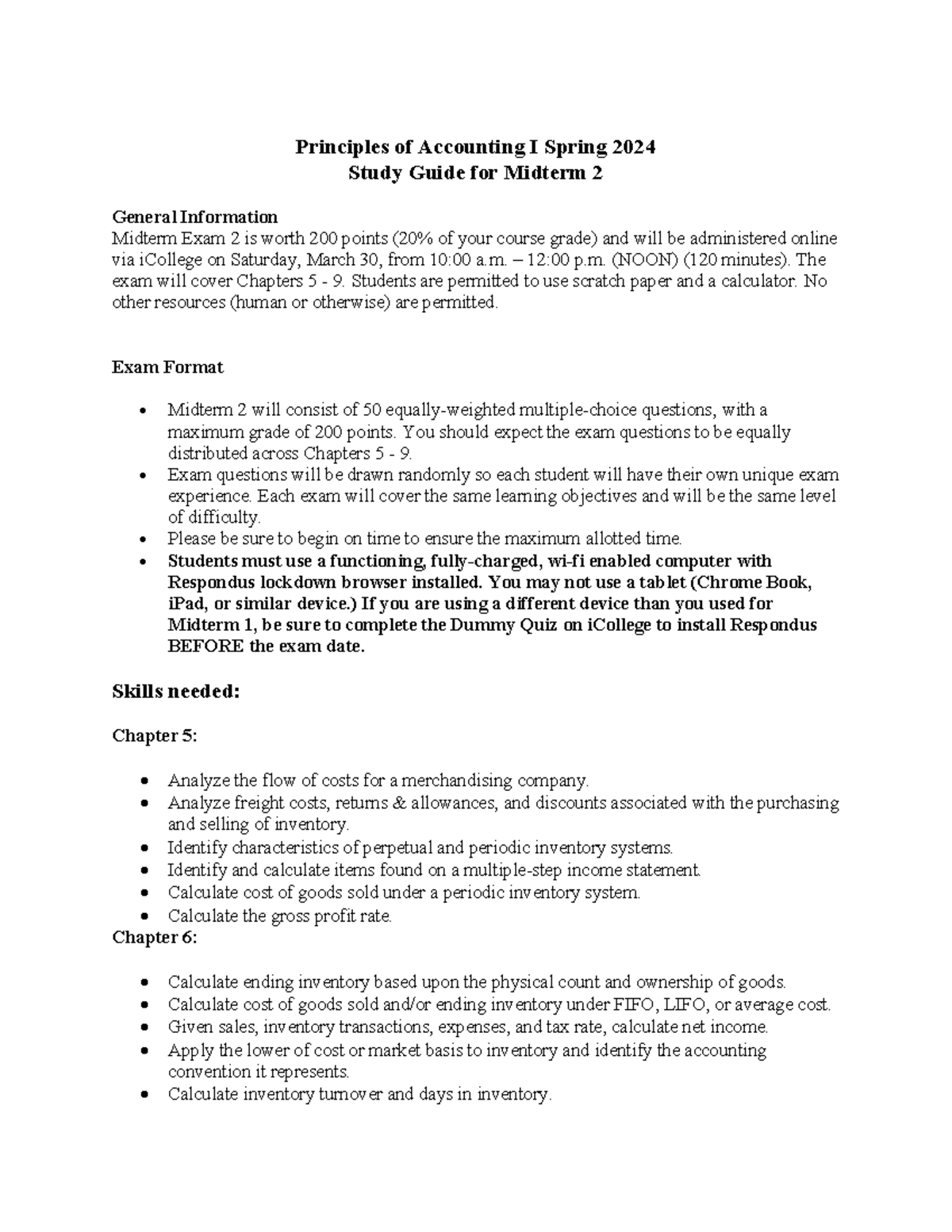 ACCT 2101 Study Guide Midterm 2 Spring 2024 - Principles of Accounting I Spring 2024 Study Guide ...
