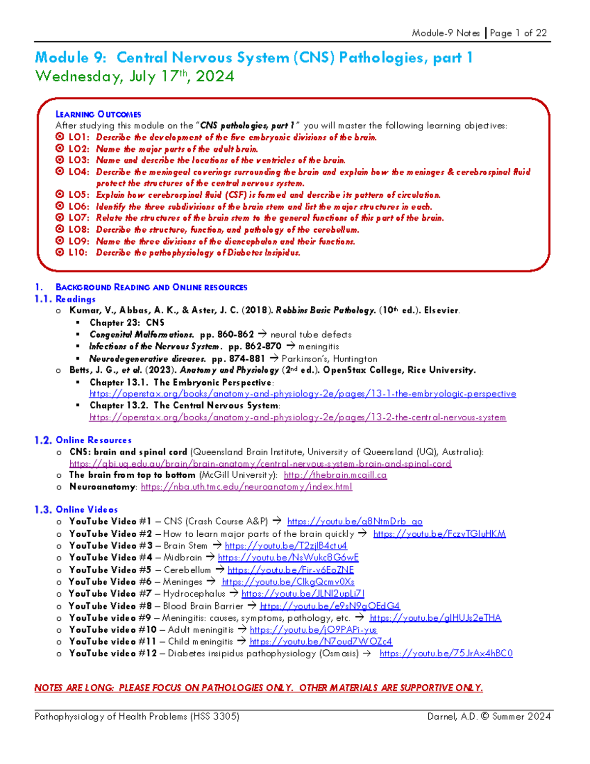Module-9 (HSS3305) Summer 2024 - Module 9: Central Nervous System (CNS) Pathologies, part 1 ...