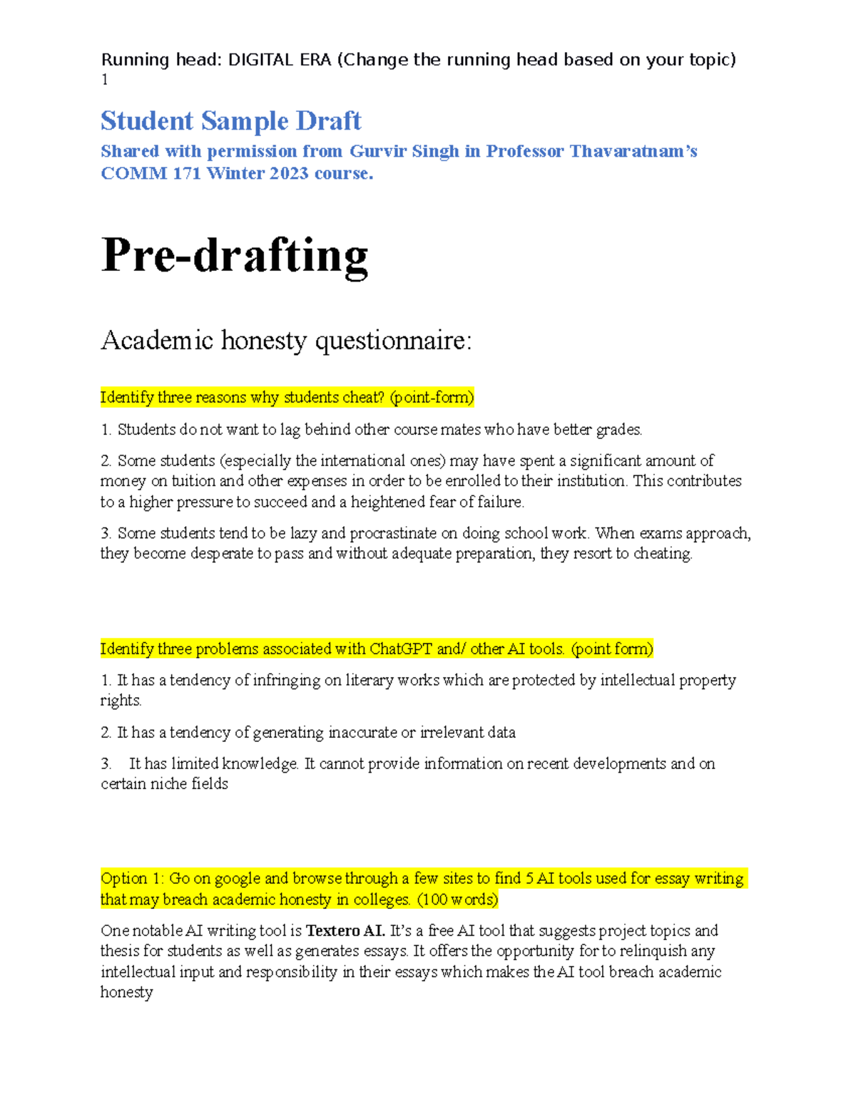 Project 1 x - Contains a filled Pre-draft Academic Questionnaire and ...