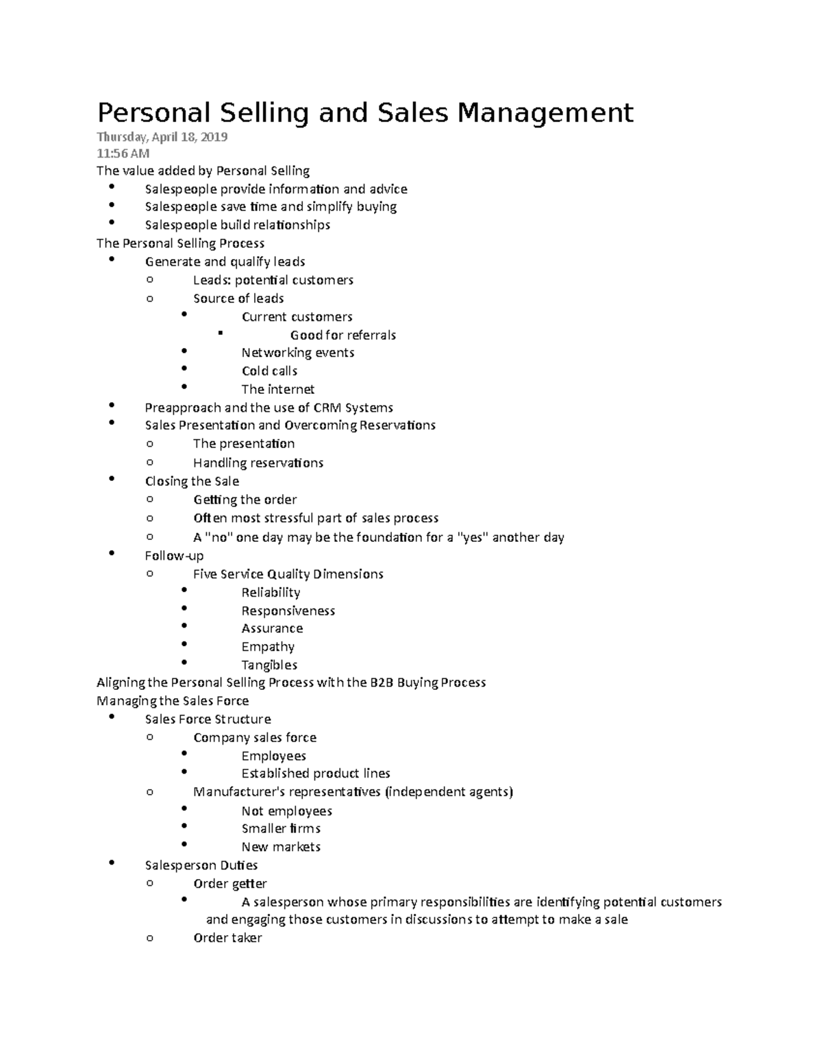 Chapter 19 Notes - Personal Selling and Sales Management Thursday ...