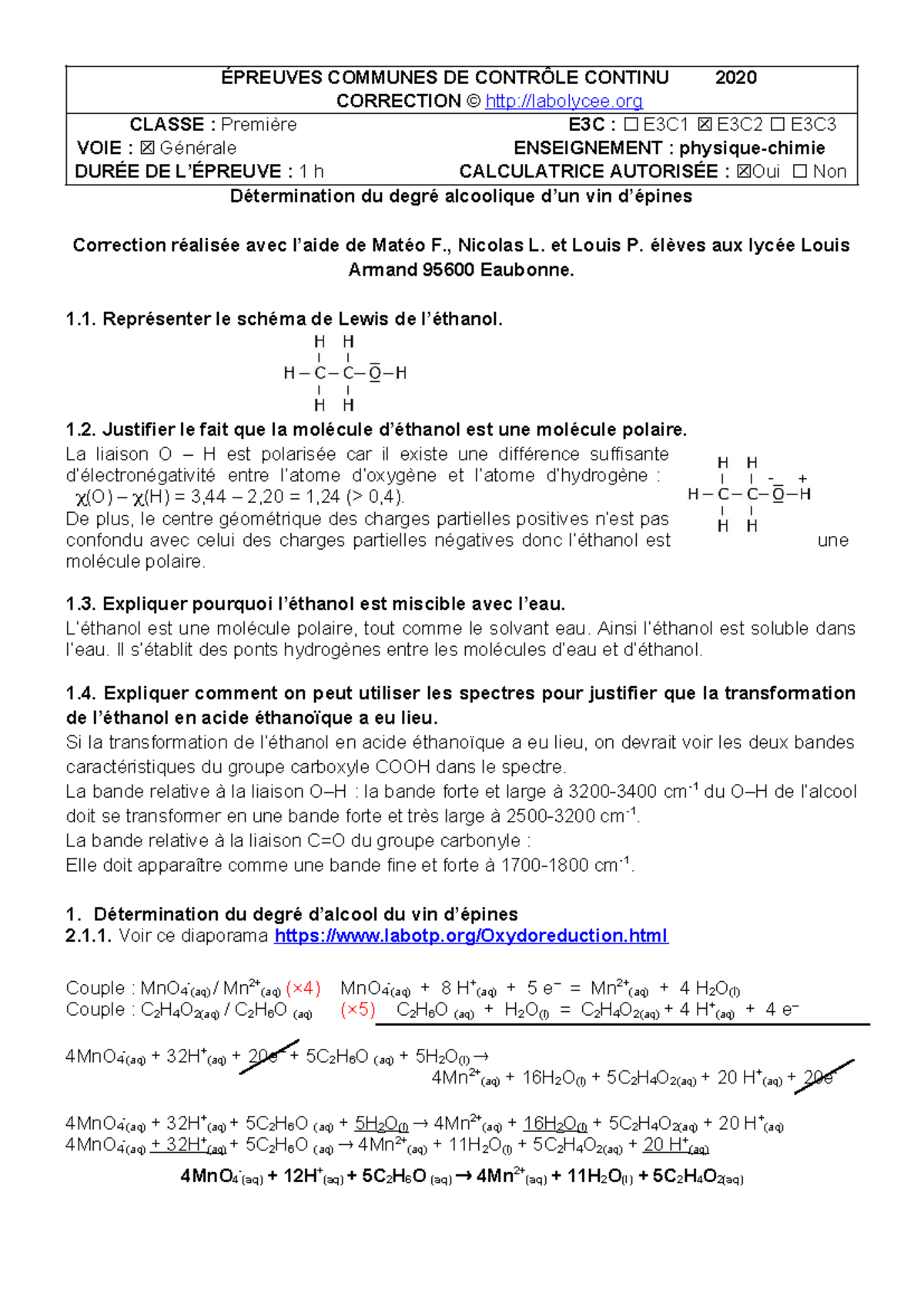 PC GENE 005 Correction Exo2 Chi Degre Alcoolique - ÉPREUVES COMMUNES DE CONTRÔLE CONTINU 2020 ...