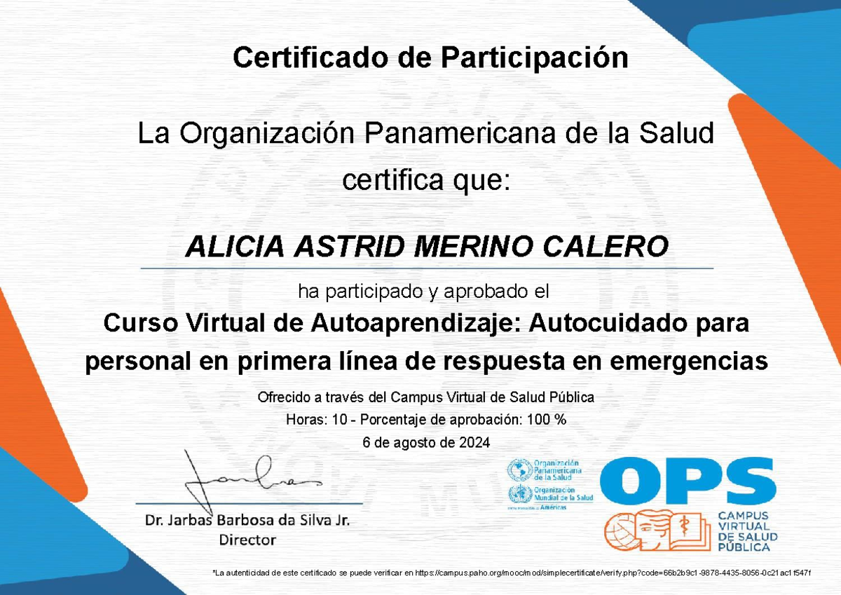 Autocuidado - curso ops - Certificado de Participación - La Organización Panamericana de la ...