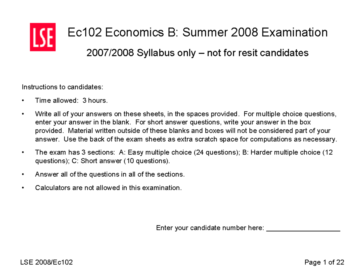 EC102 Exam 2008 - Economics Past Paper - Ec102 Economics B: Summer 2008 ...