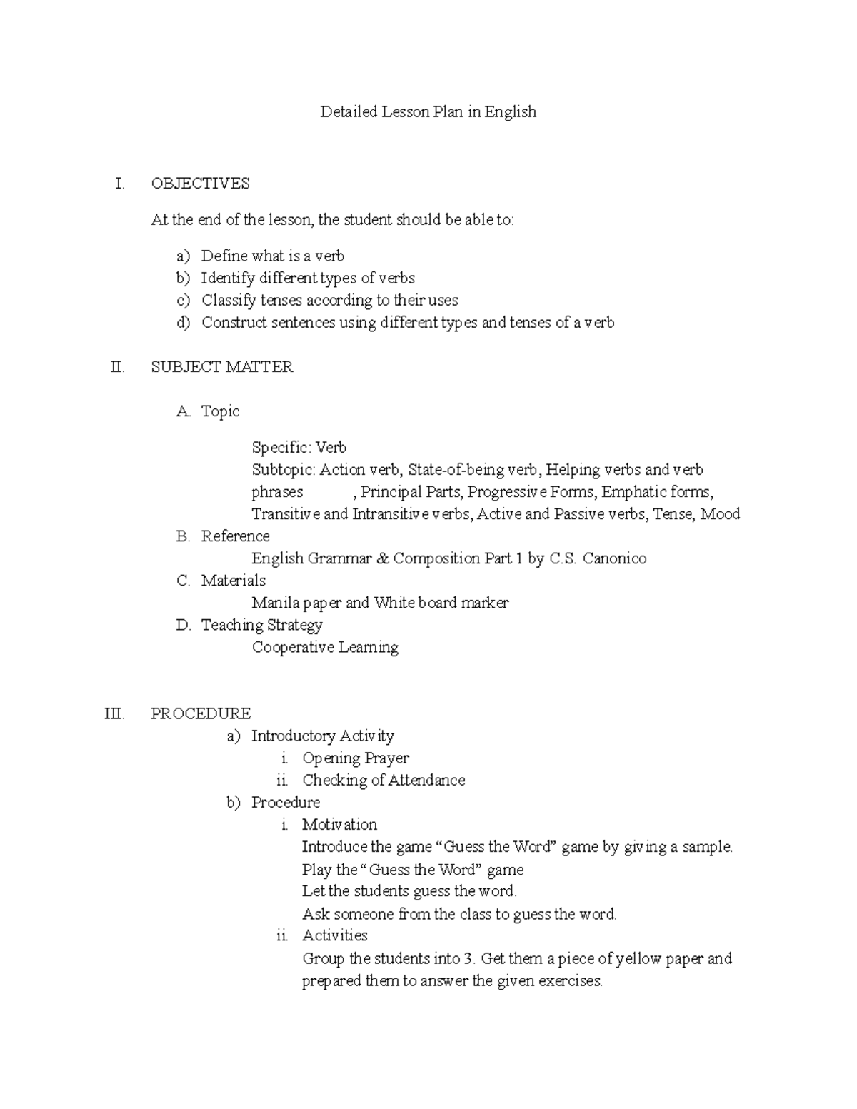 Detailed Lesson Plan in English - OBJECTIVES At the end of the lesson ...