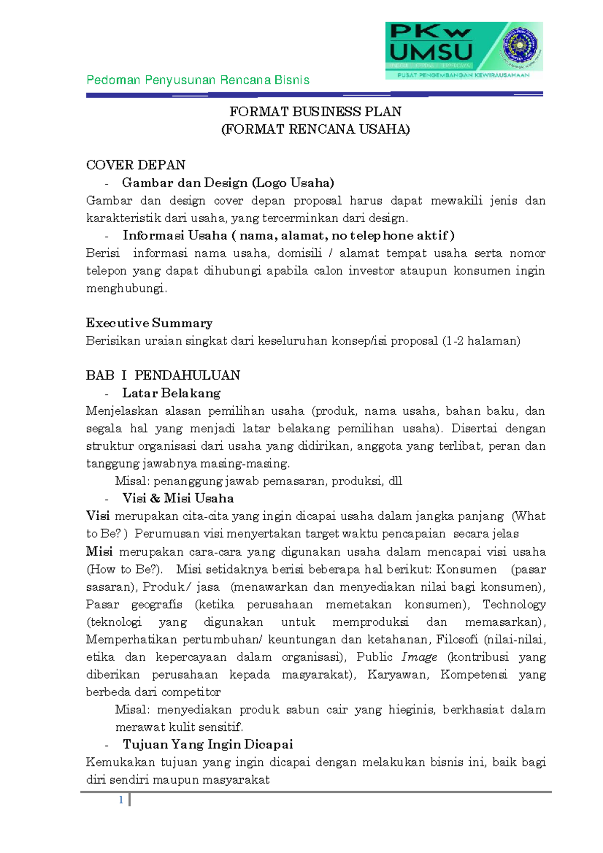Proposal bisnis plan - FORMAT BUSINESS PLAN (FORMAT RENCANA USAHA ...