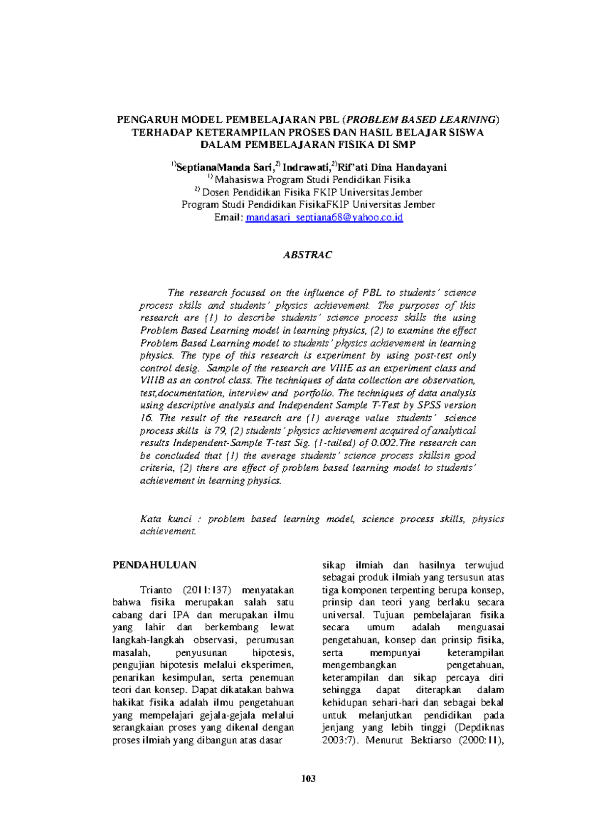 Hasil Belajar DAN PBL - yes - 103 PENGARUH MODEL PEMBELAJARAN PBL ( PROBLEM BASED LEARNING ...