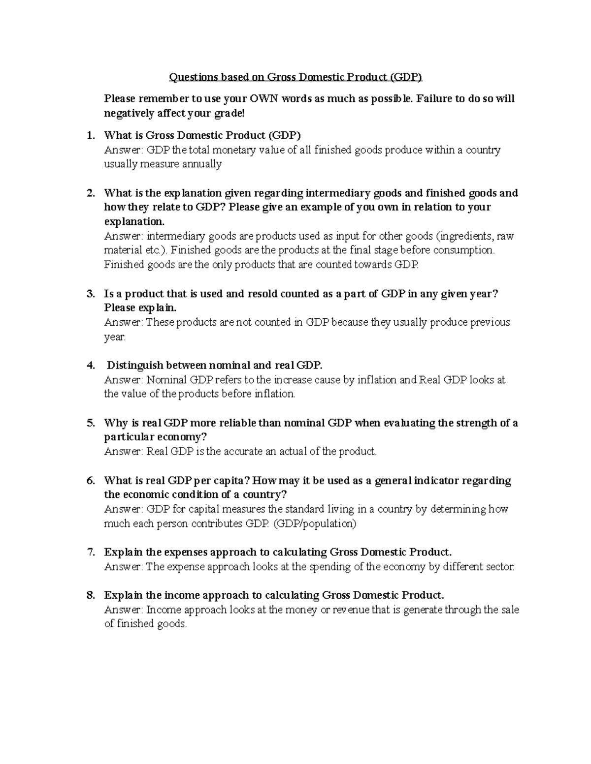 Dian Westby Questions based on GDP - Gross Domestic Product - Questions ...