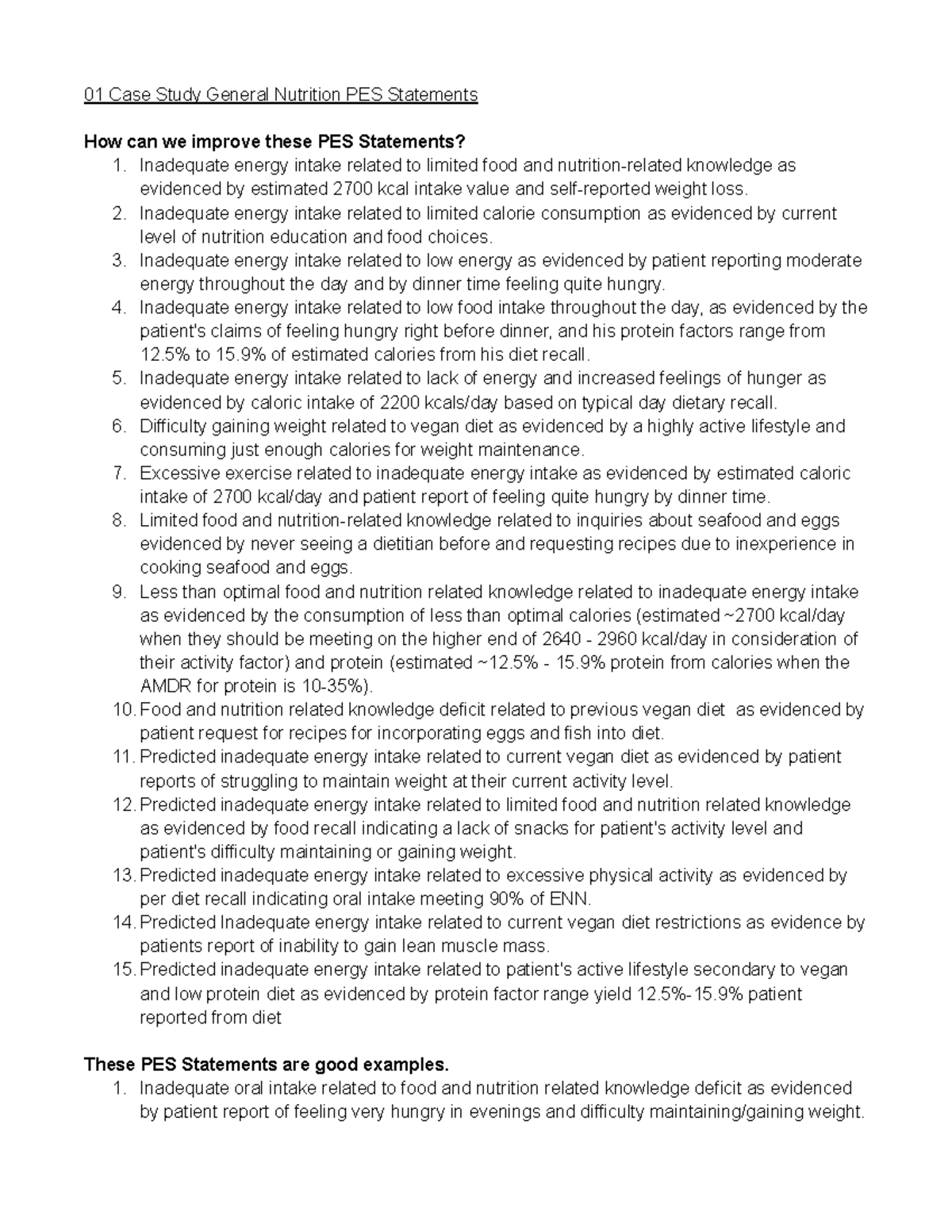 01 Case Study General Nutrition PES Statements Examples - 01 Case Study General Nutrition PES ...