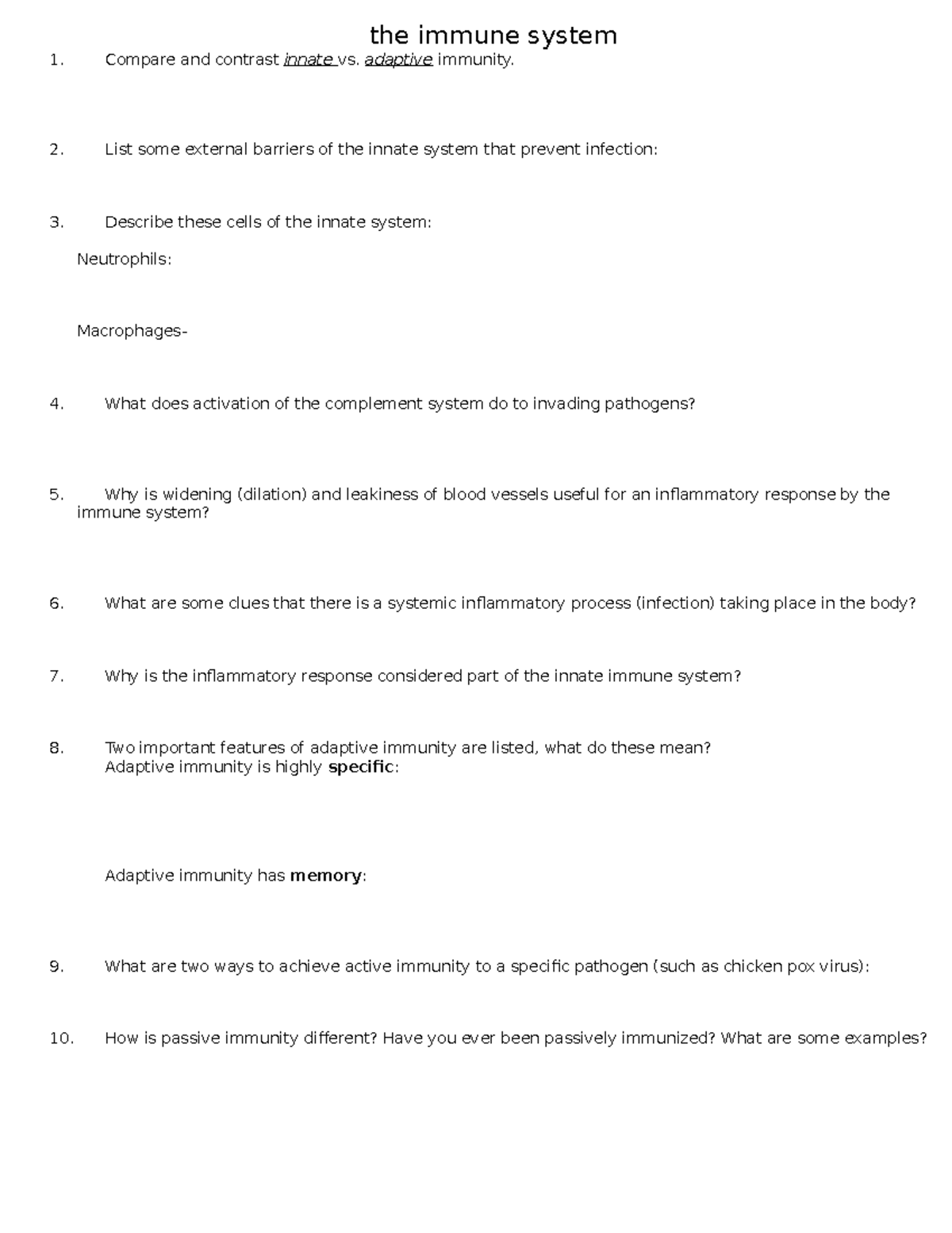 Immune System - notes - Compare and contrast innate vs. adaptive ...