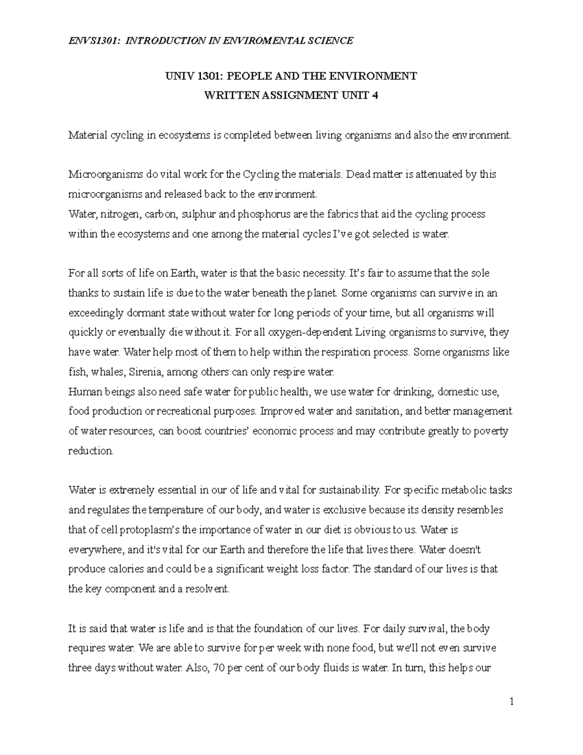 Written Assignment UNIT 4 ENVS1301 - ENVS1301: INTRODUCTION IN ENVIROMENTAL SCIENCE UNIV 1301 ...